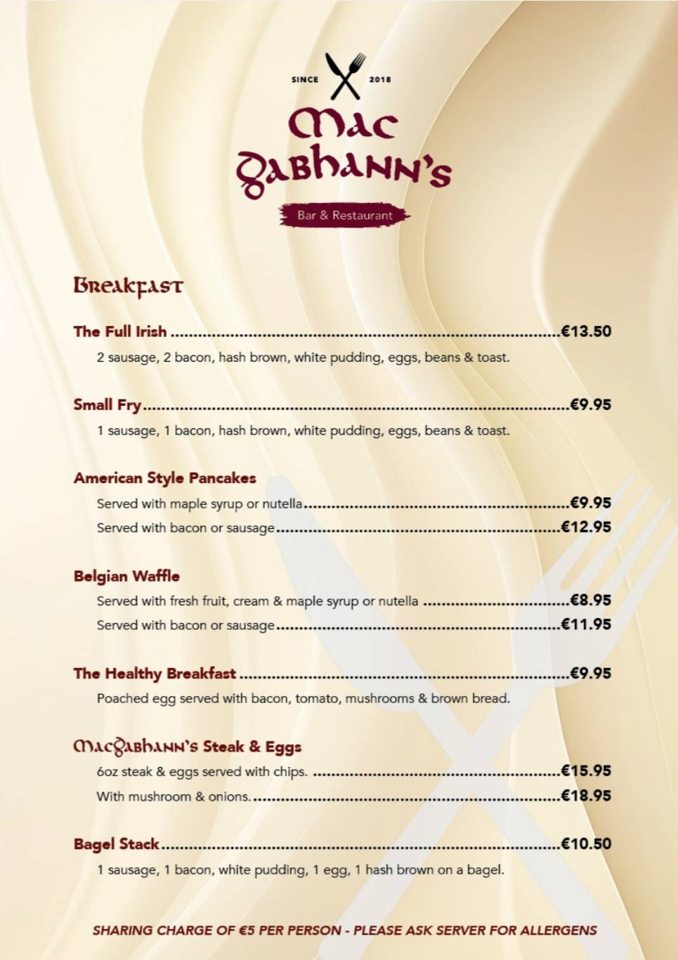Menu at MacGabhann’s Cavan pub & bar, Cavan