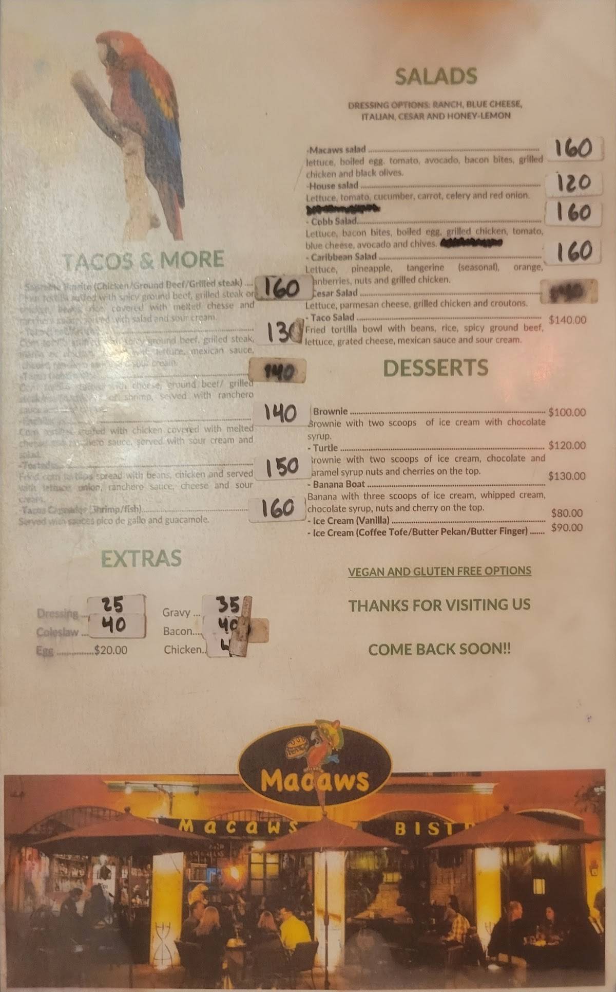 Menu at Macaws Bar & Bistro, Mazatlán