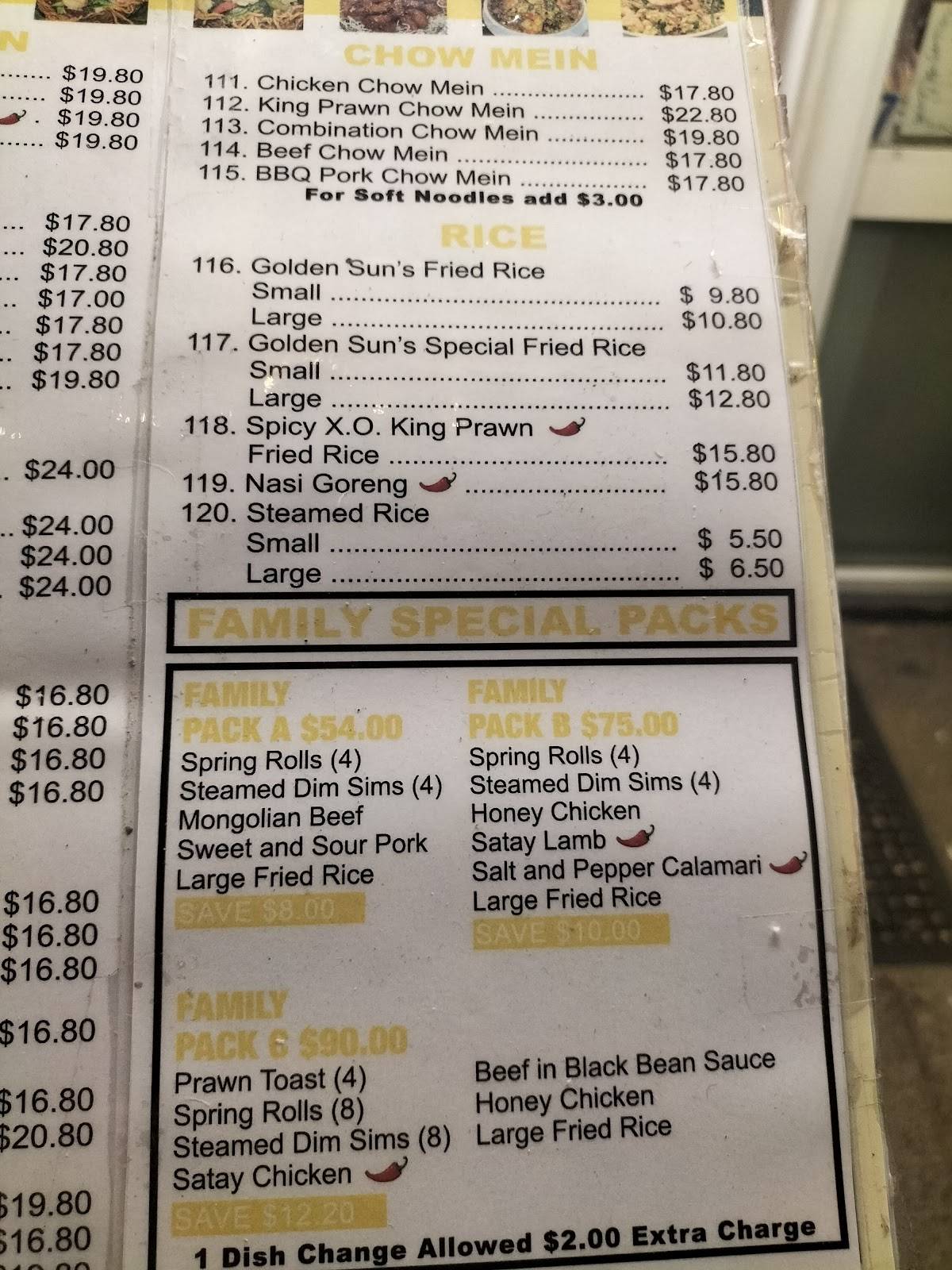 Menu at Mackay's Golden Sun Chinese Restaurant, Blacks Beach
