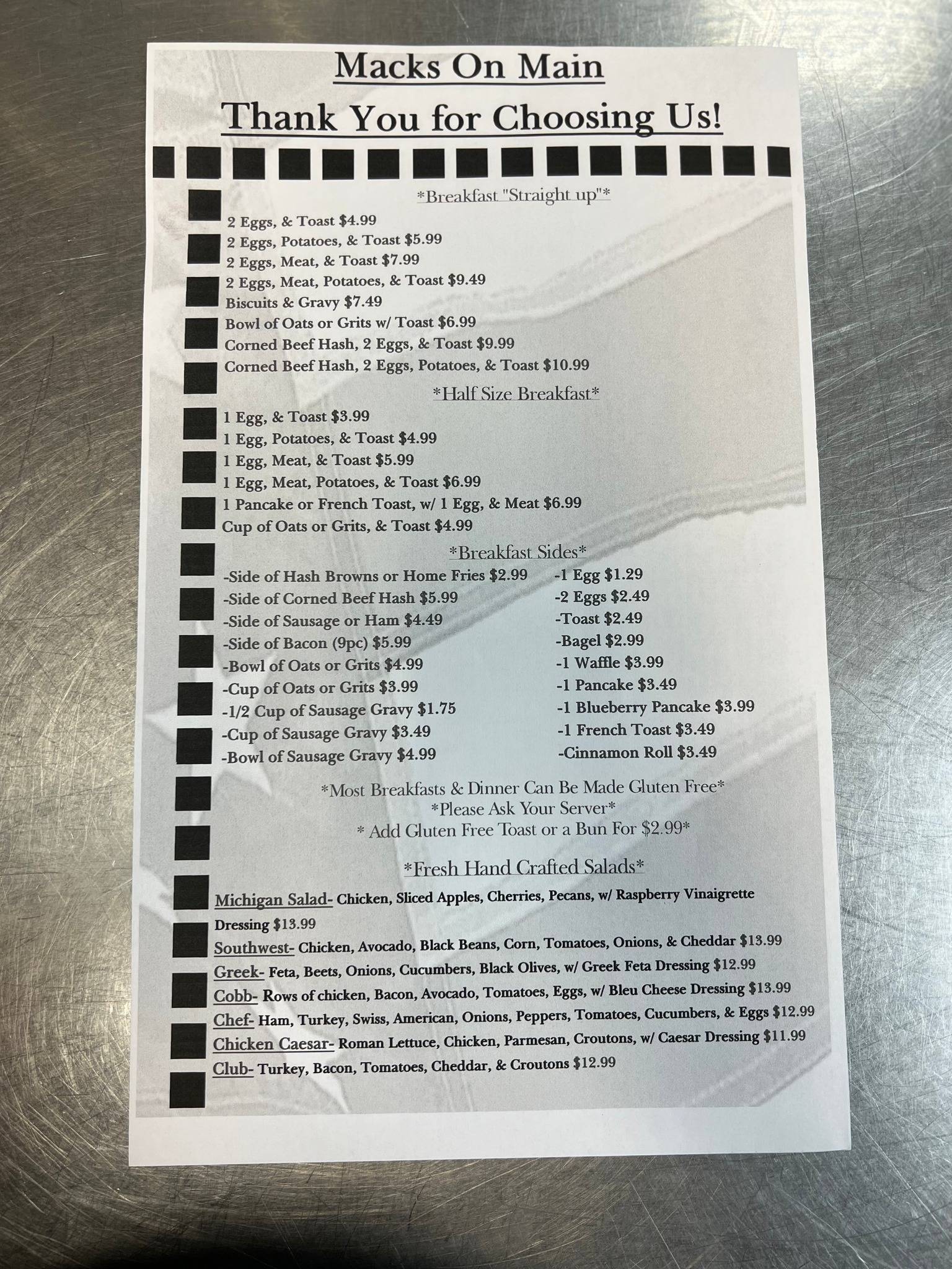 Menu at Macks On Main restaurant, Gladwin