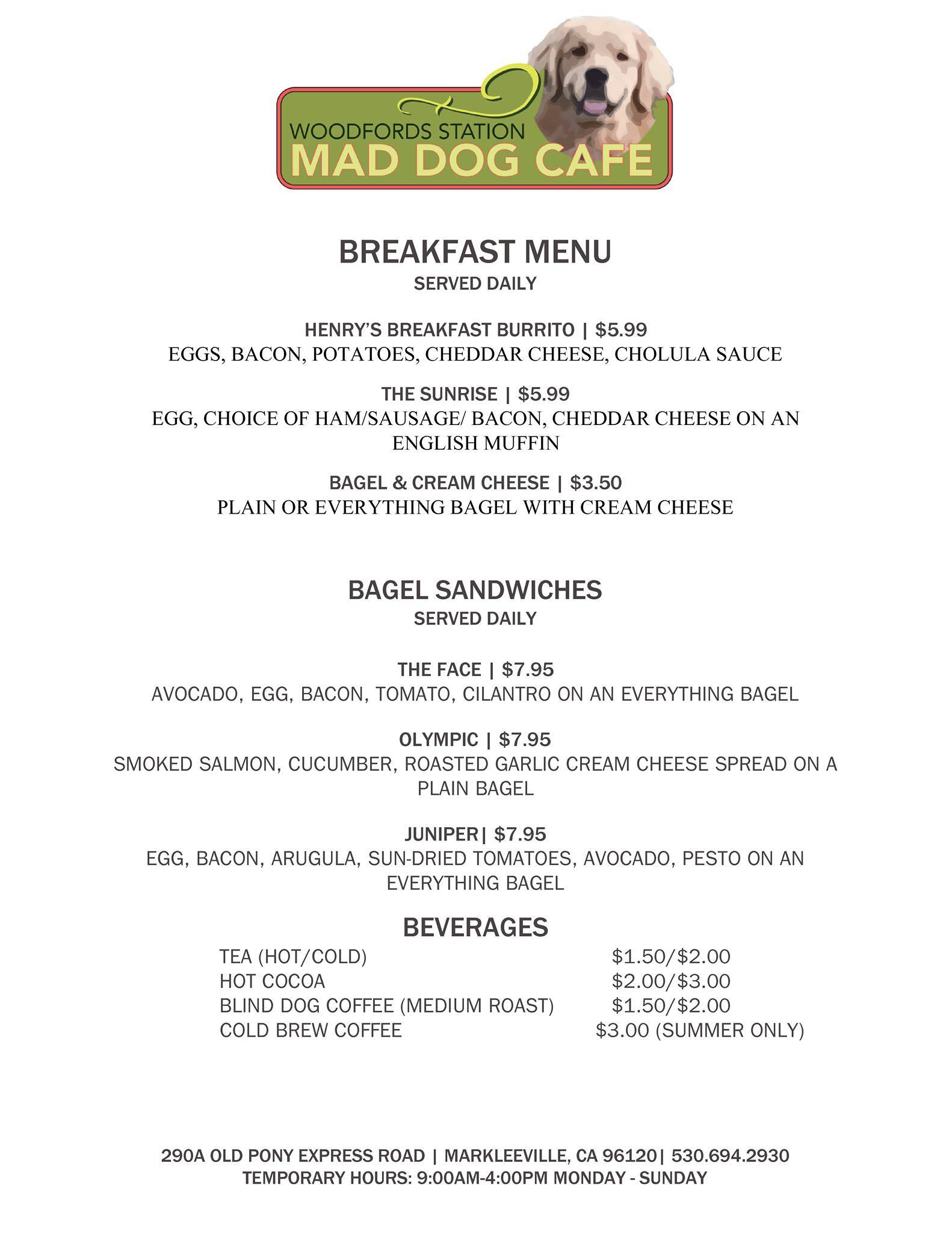 Menu at Mad Dog Cafe at Woodfords Station, Mesa Vista