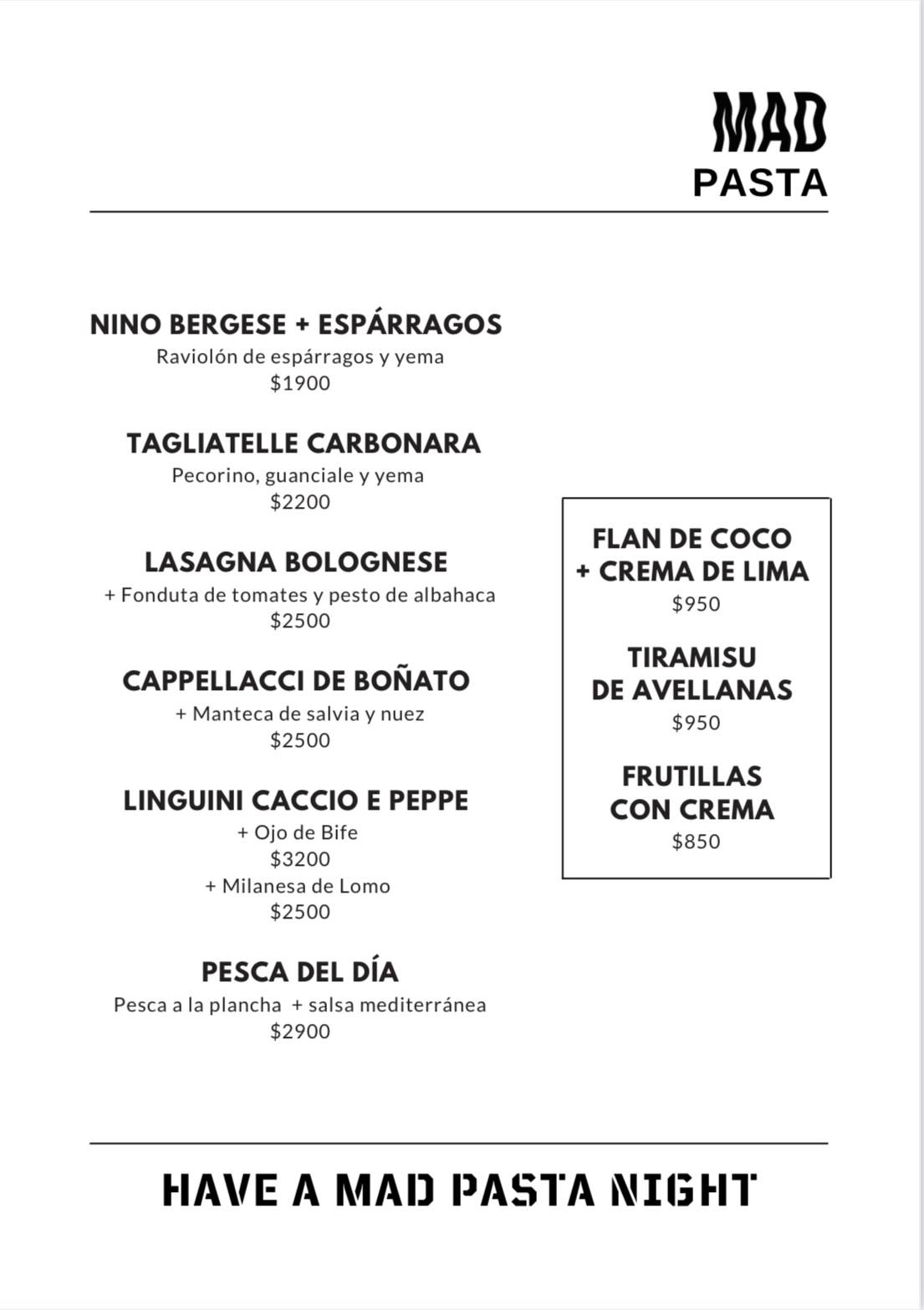 Carta del restaurante Mad Pasta House, Martínez
