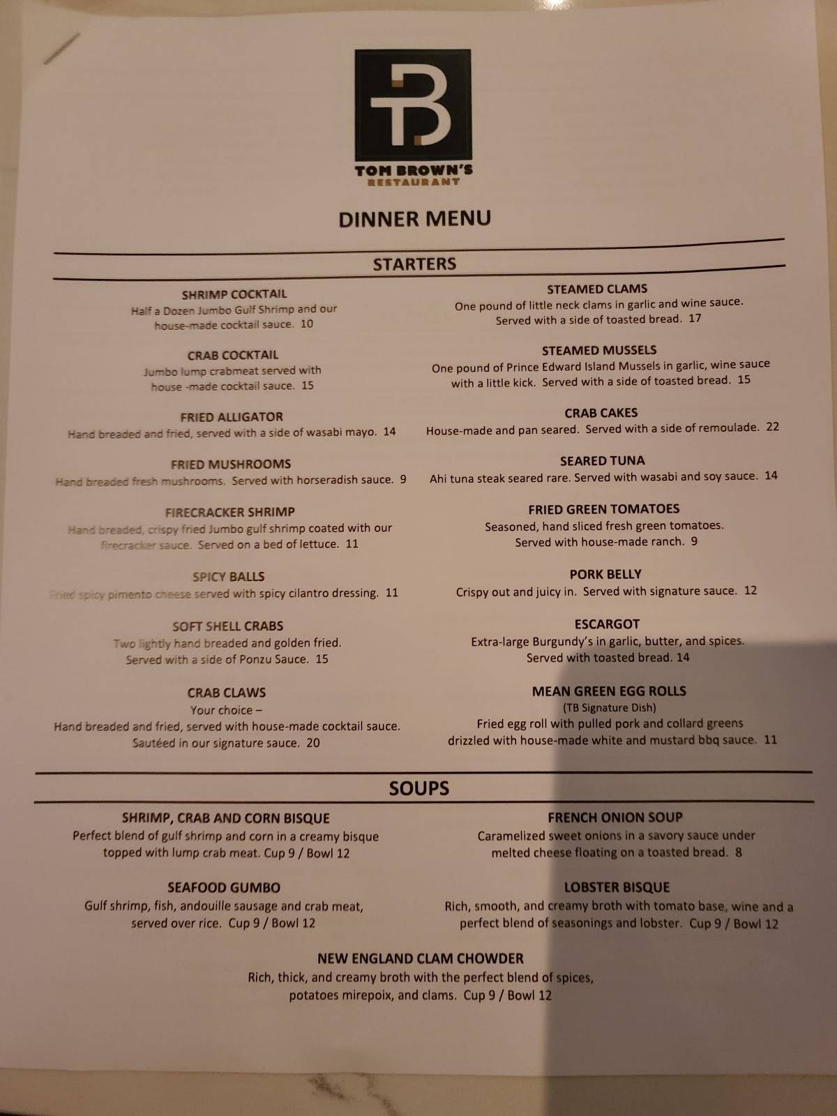Menu at Tom Brown's Restaurant - Madison, Madison
