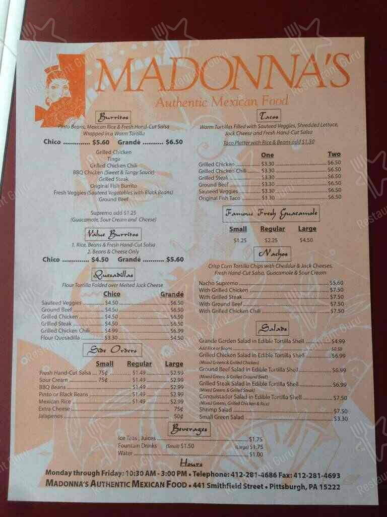Menu at Madonna's Restaurant, Pittsburgh