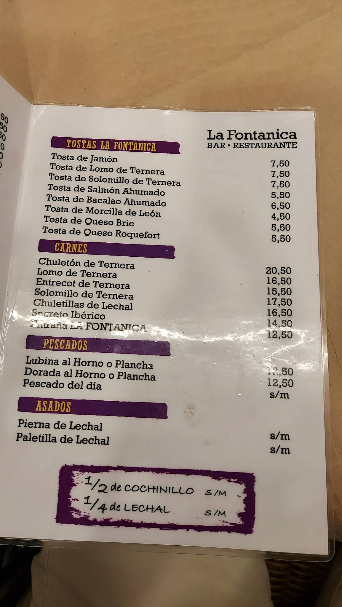 Carta de Bar Restaurante La Fontanica, Madrid