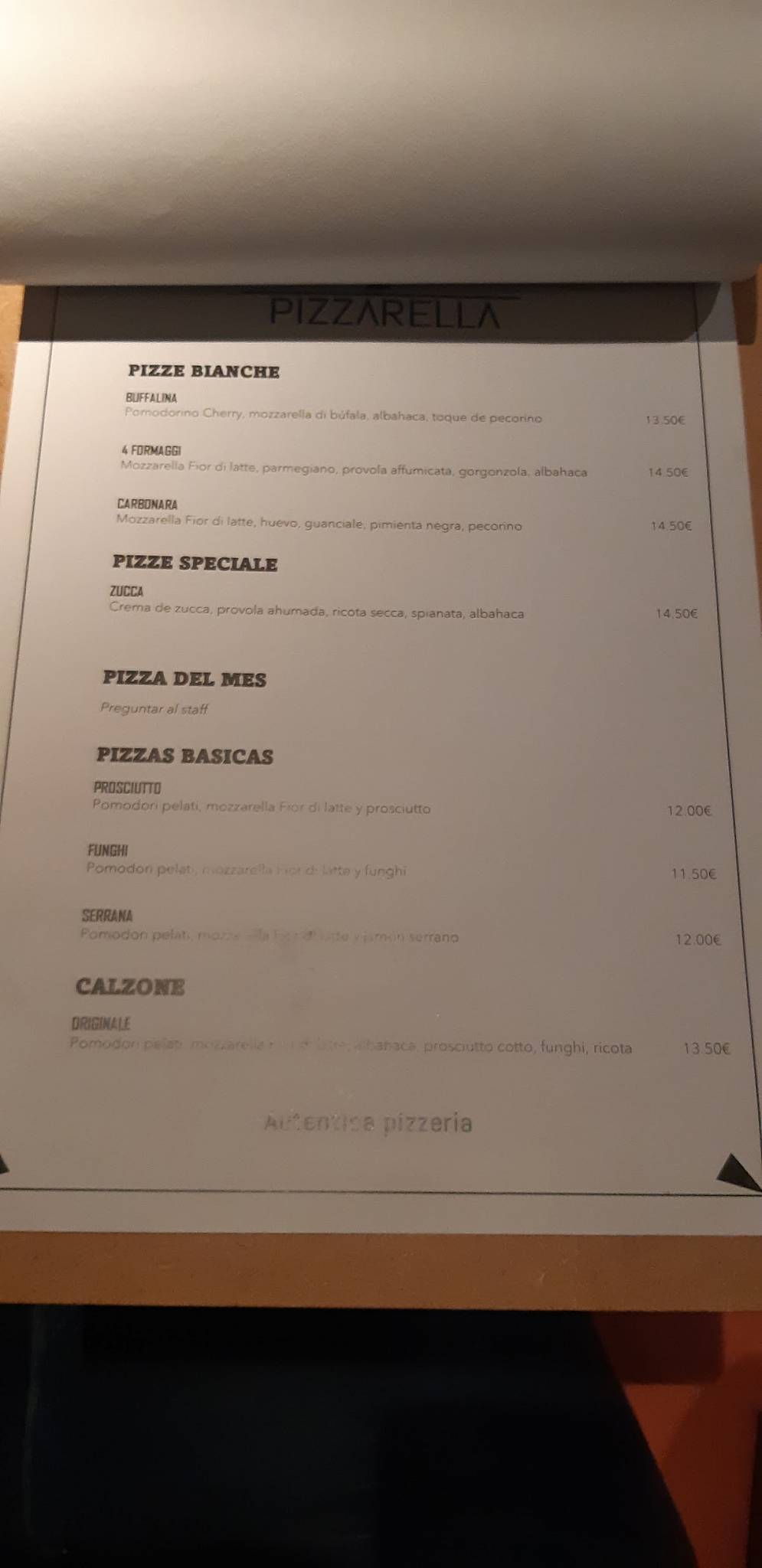 Carta del restaurante Pizzarella, Madrid