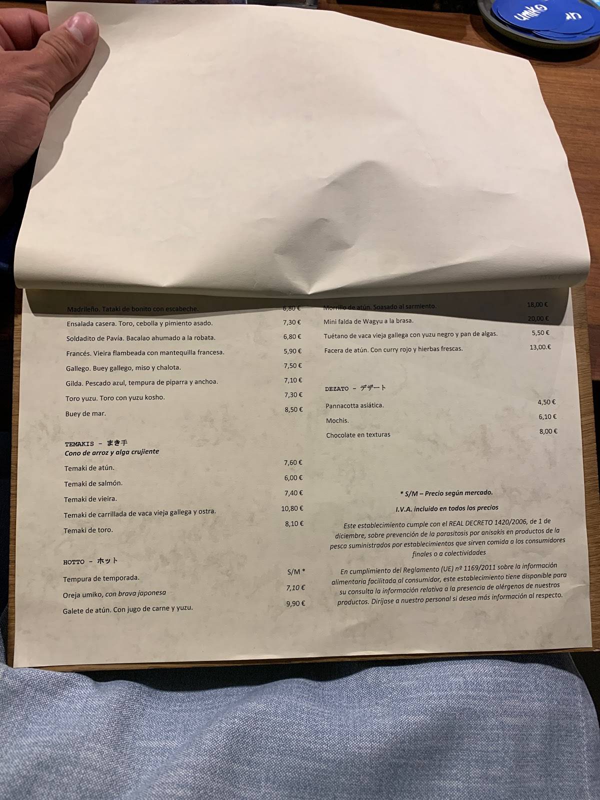 Carta de Umiko Restaurante Japonés Fusión, Madrid, C. de los Madrazo