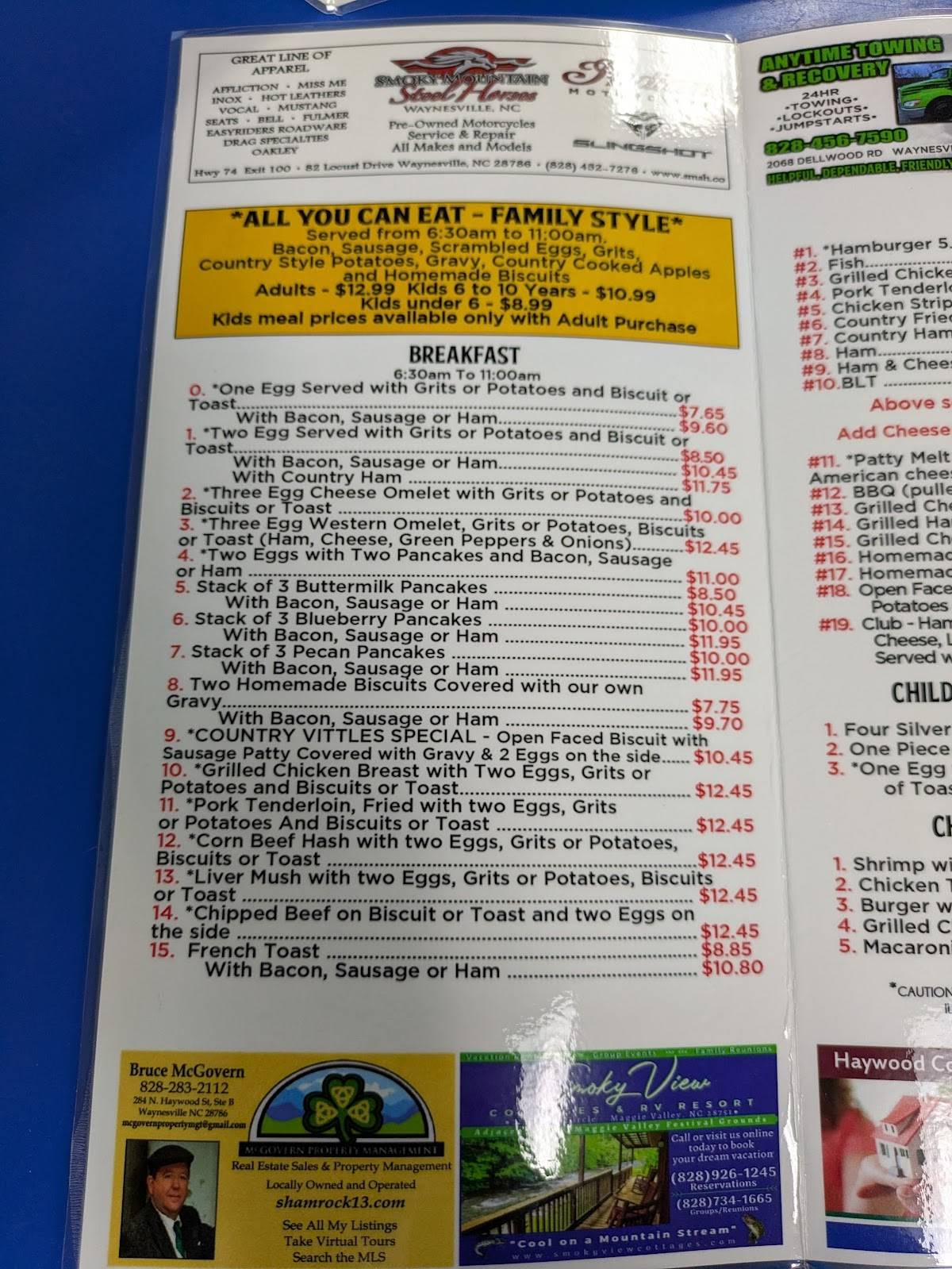 Menu at Country Vittles Family Style Restaurant, Maggie Valley