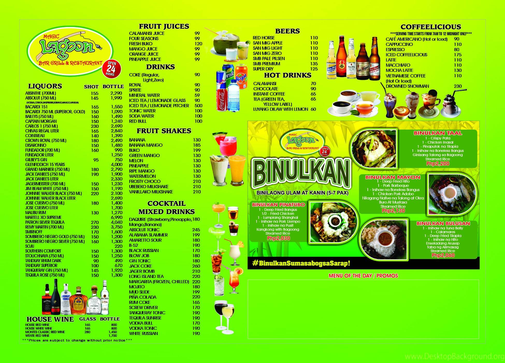 Menu at Magic Lagoon Bar, Subic Bay Freeport Zone, Bldg. 716