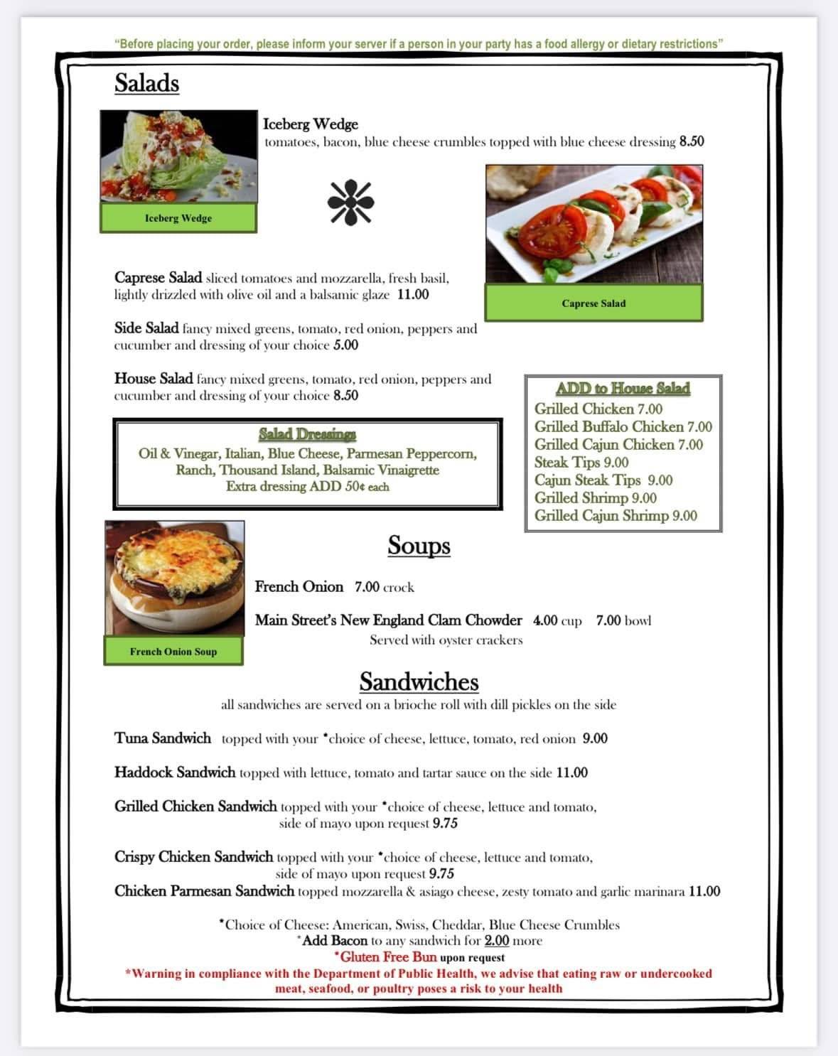 Menu at Main Street Bar & Grille, Greenfield