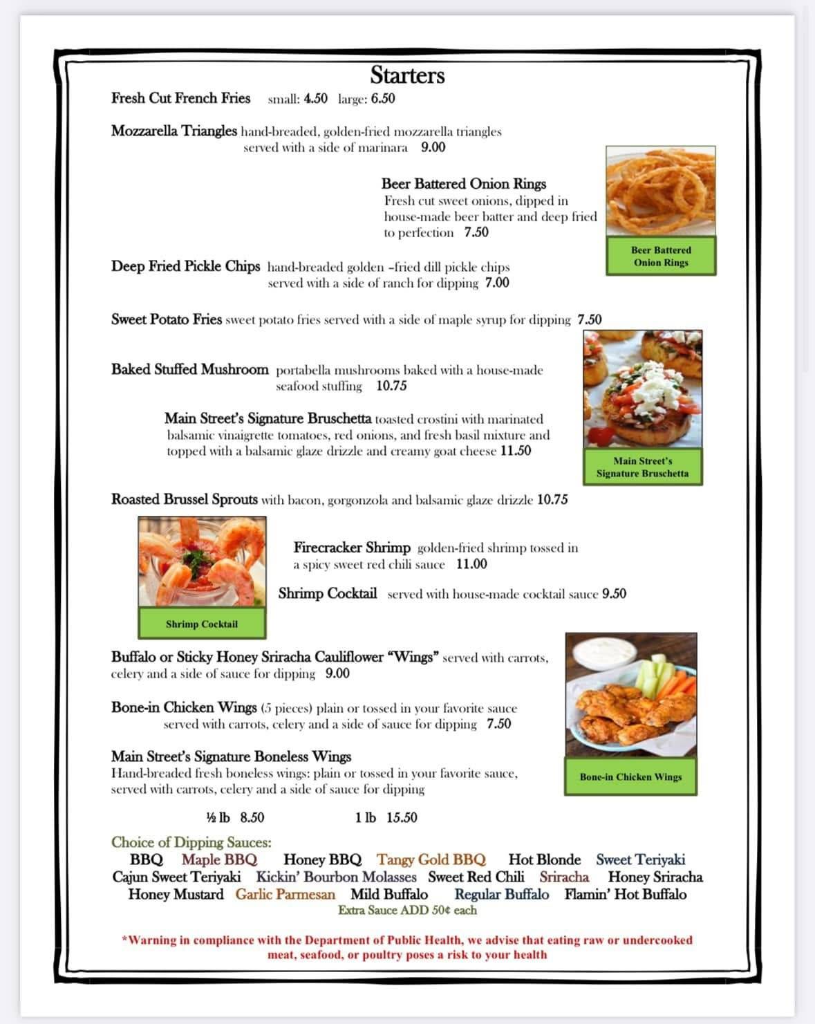 Menu at Main Street Bar & Grille, Greenfield