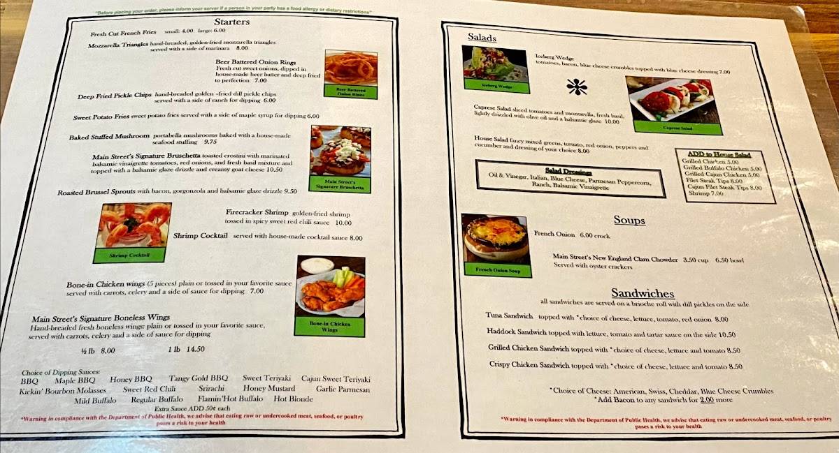Menu at Main Street Bar & Grille, Greenfield