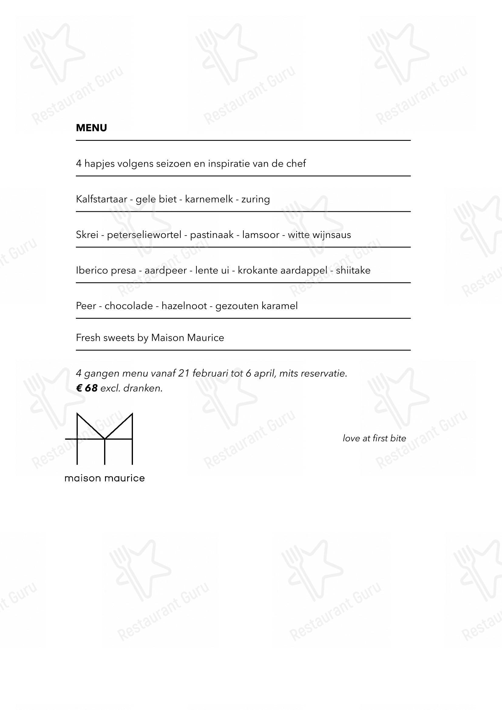 Menu at Maison Maurice, Deerlijk