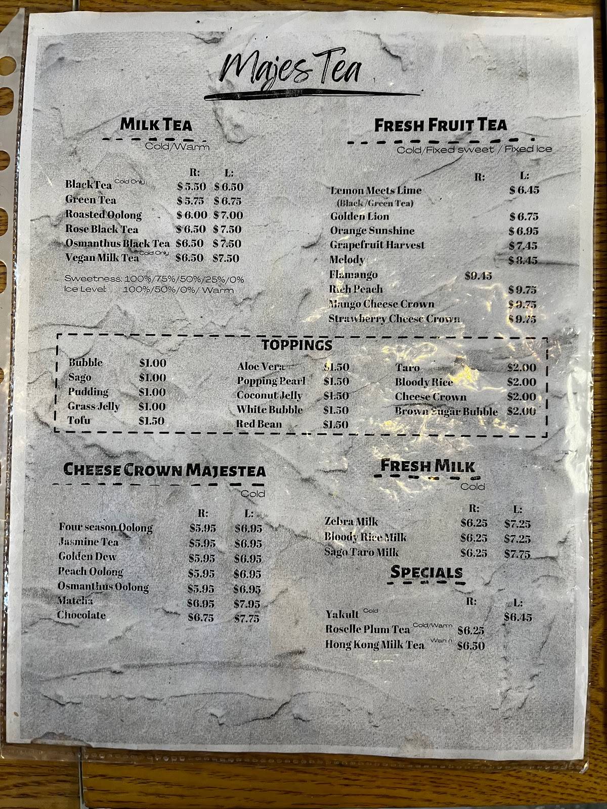 Menu at MajesTea cafe, St. John's
