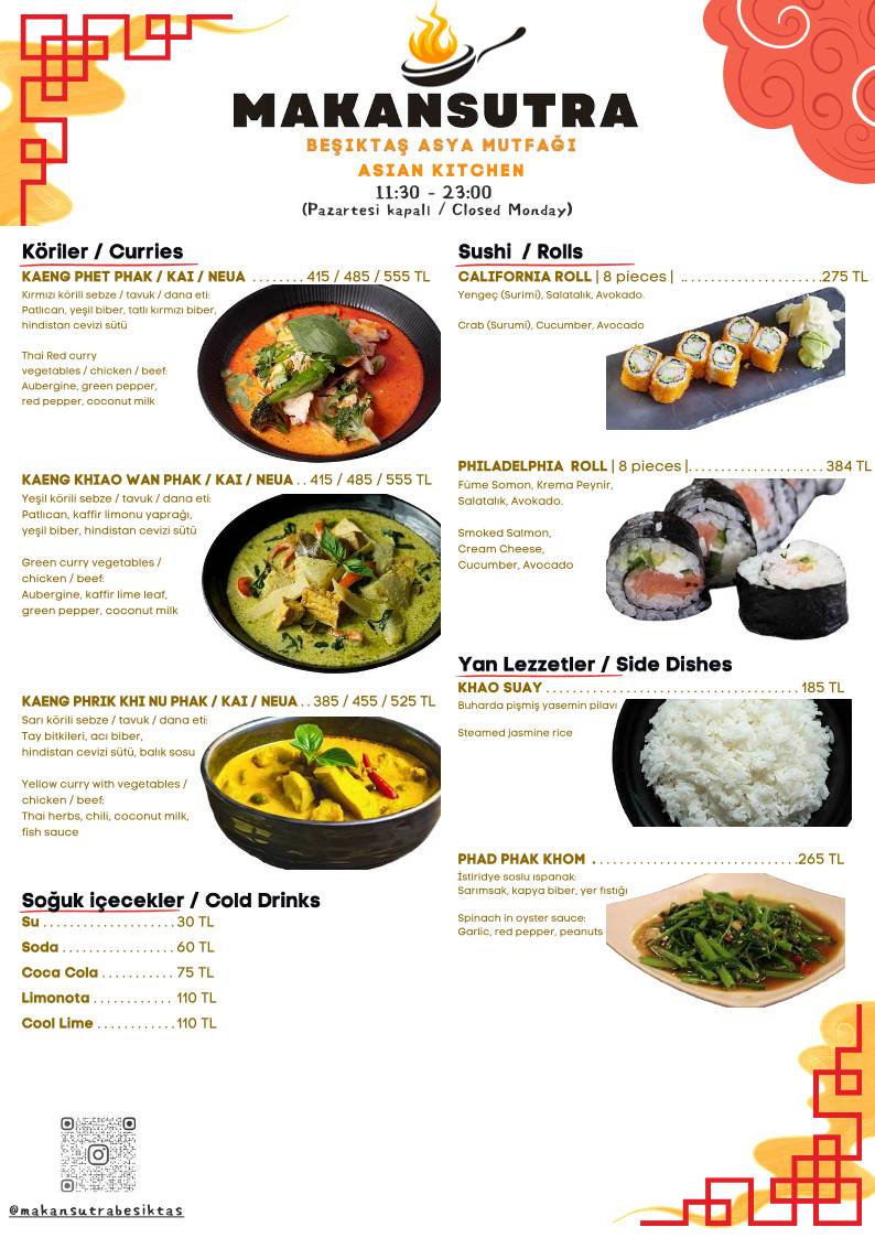 Menu at Makansutra Beşiktaş Asian Kitchen, Istanbul