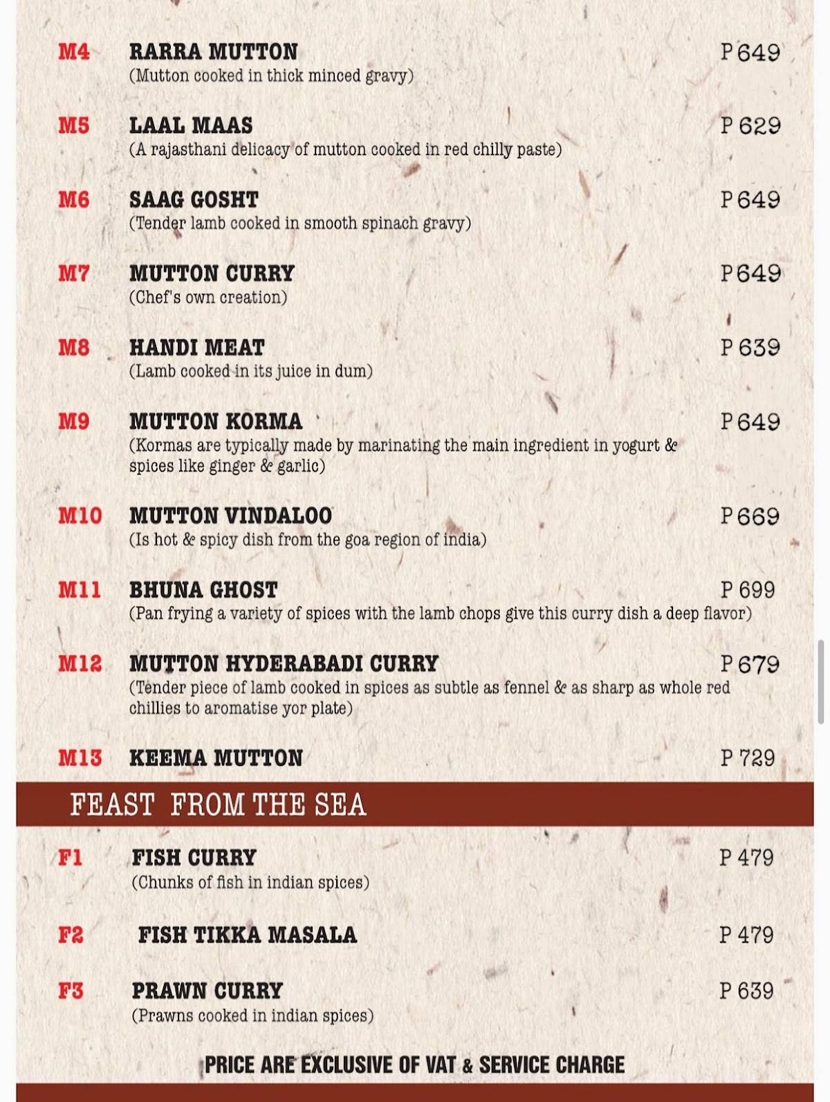 Menu at Royal Indian Curry House restaurant, Makati, General Luna