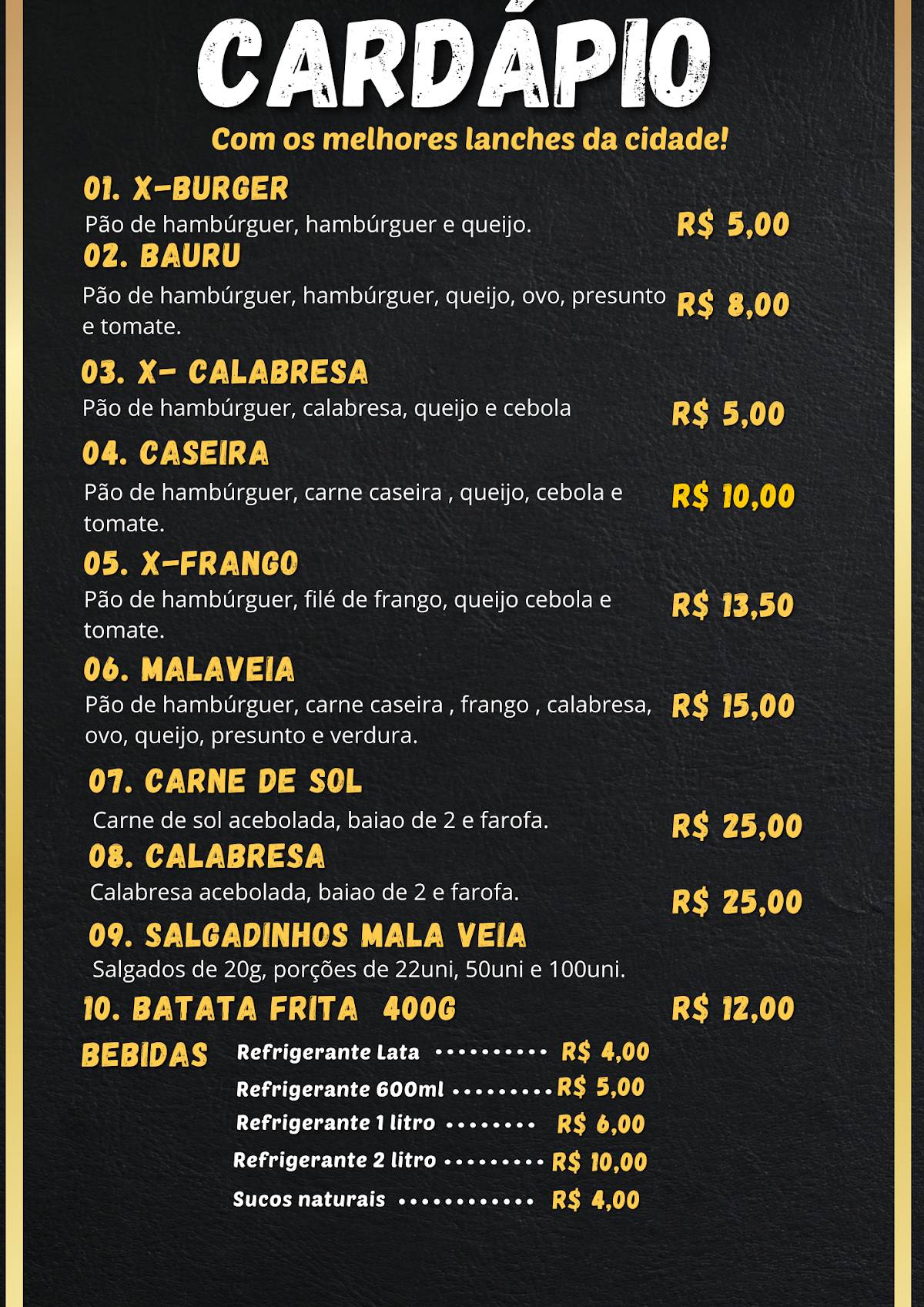 Menu em Mala Velha restaurante, Brasil