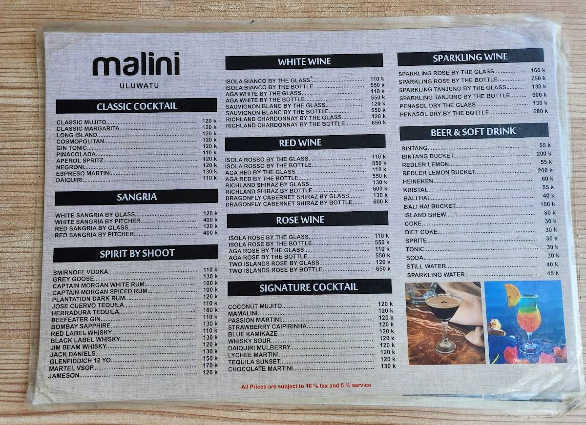 Menu at Malini Uluwatu - SEAFOOD & SUNSET restaurant, Jimbaran