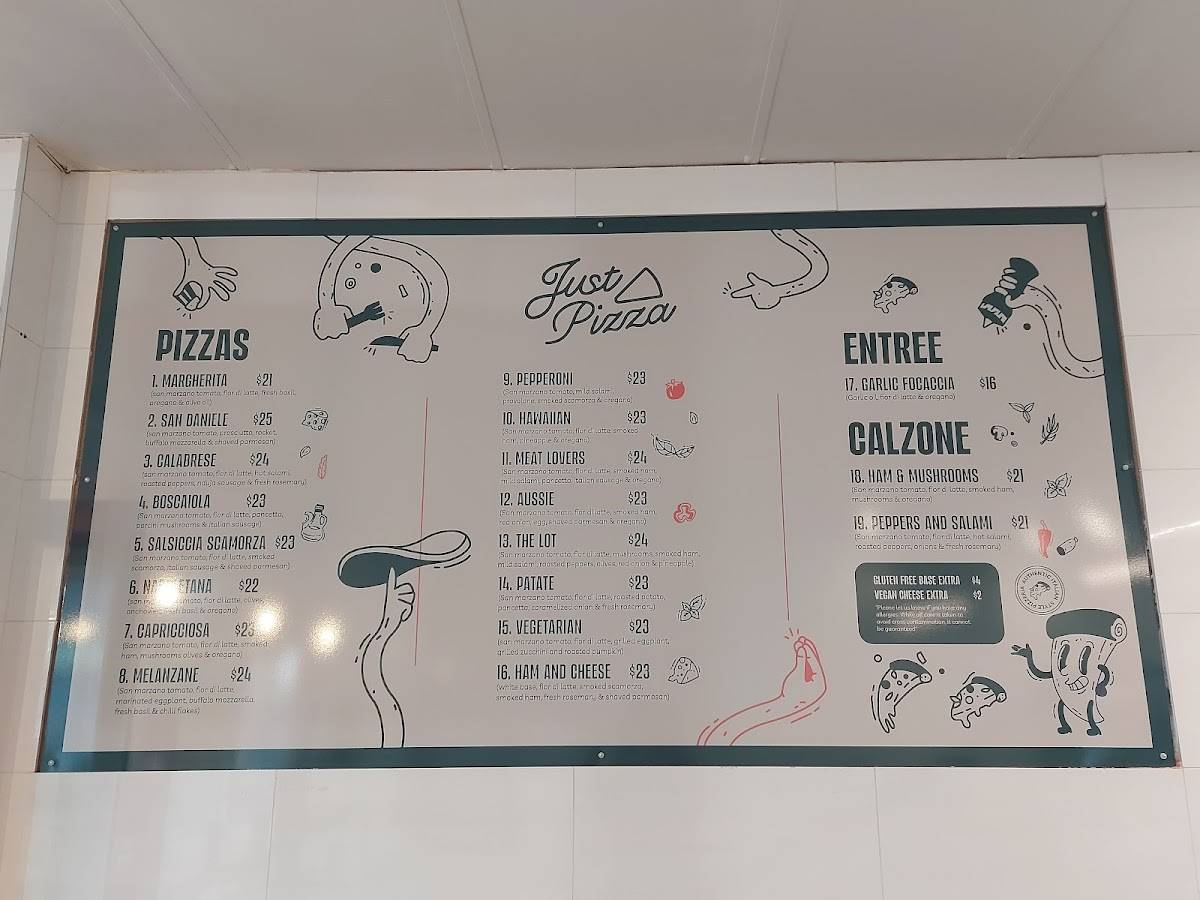 Menu at Just Pizza pizzeria, Malvern East