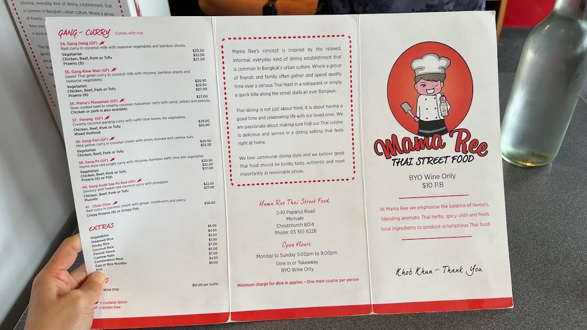 Menu at Mama Ree Thai Street Food restaurant, Christchurch
