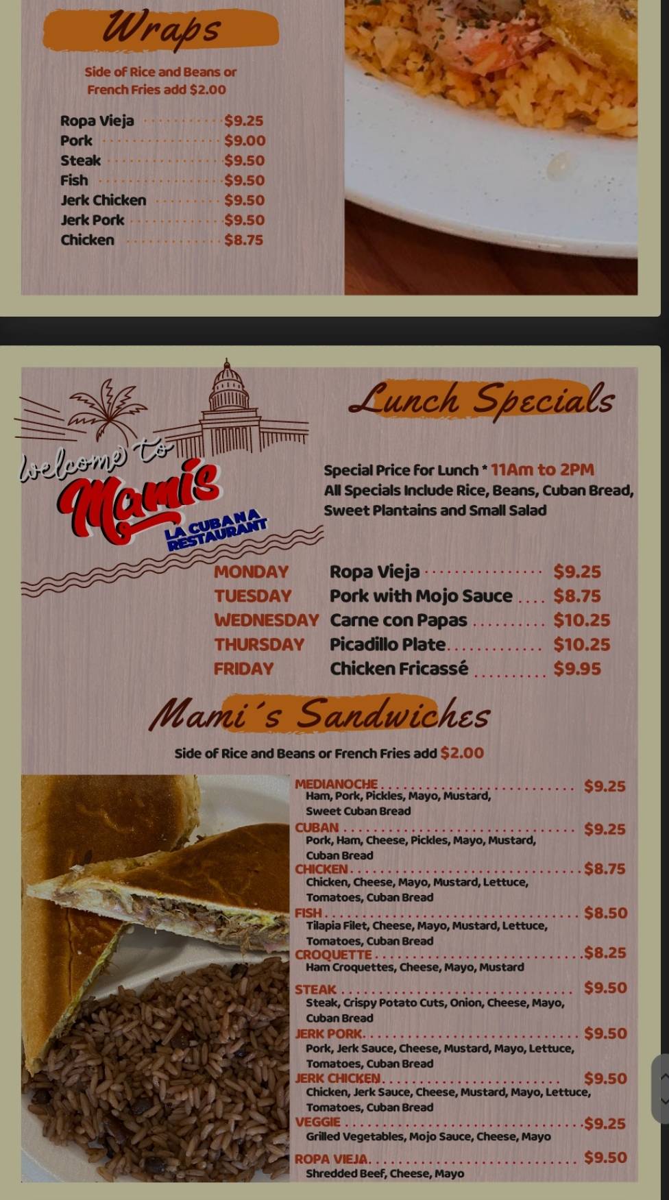Menu at Mami's La Cubana restaurant, Atlanta