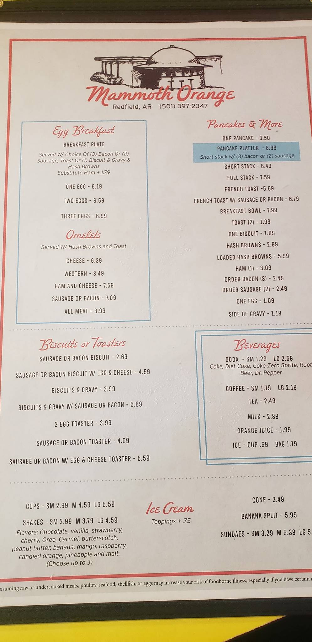 Menu at Mammoth Orange Cafe, Redfield, Highway 365