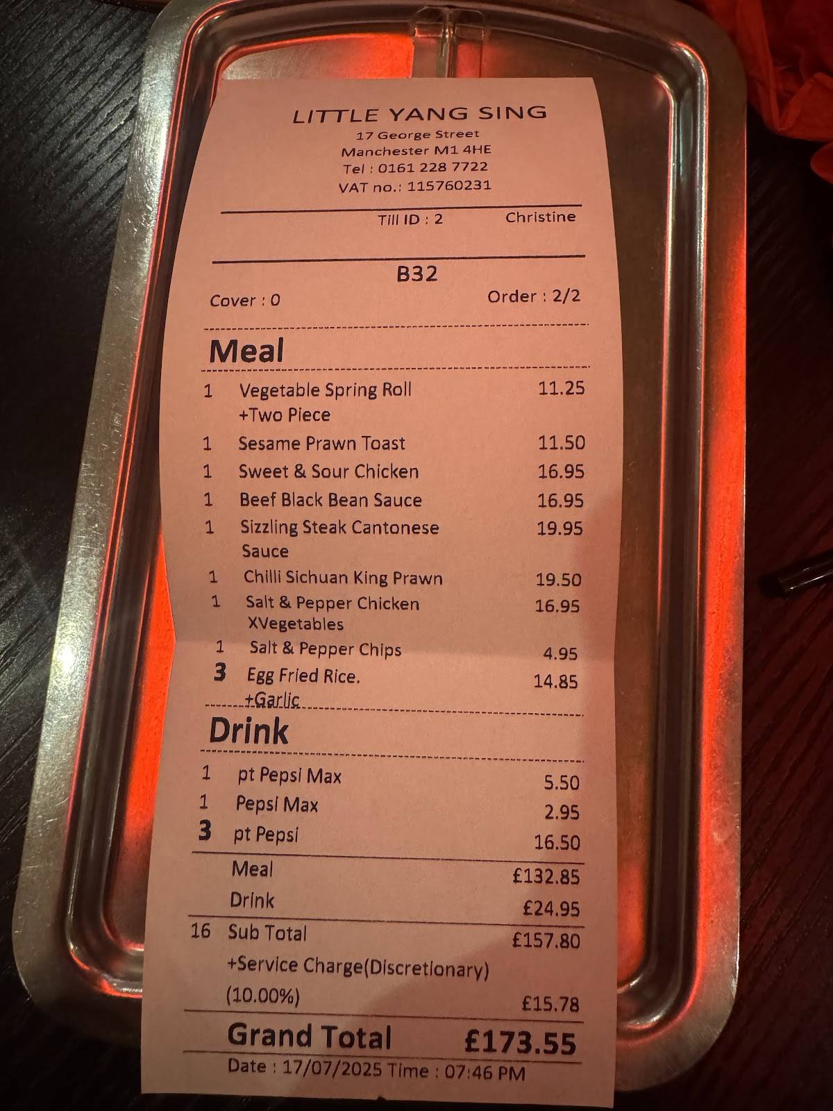 Menu at The Little Yang Sing restaurant, Manchester