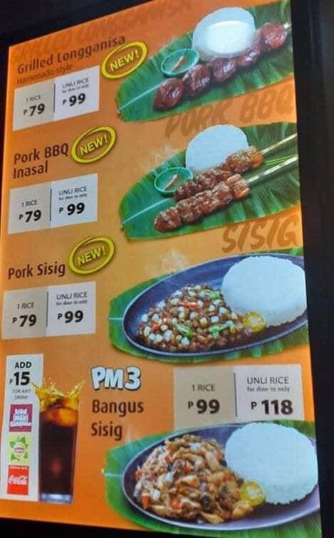 Carta del restaurante Mang Inasal Cabiao, Cabiao