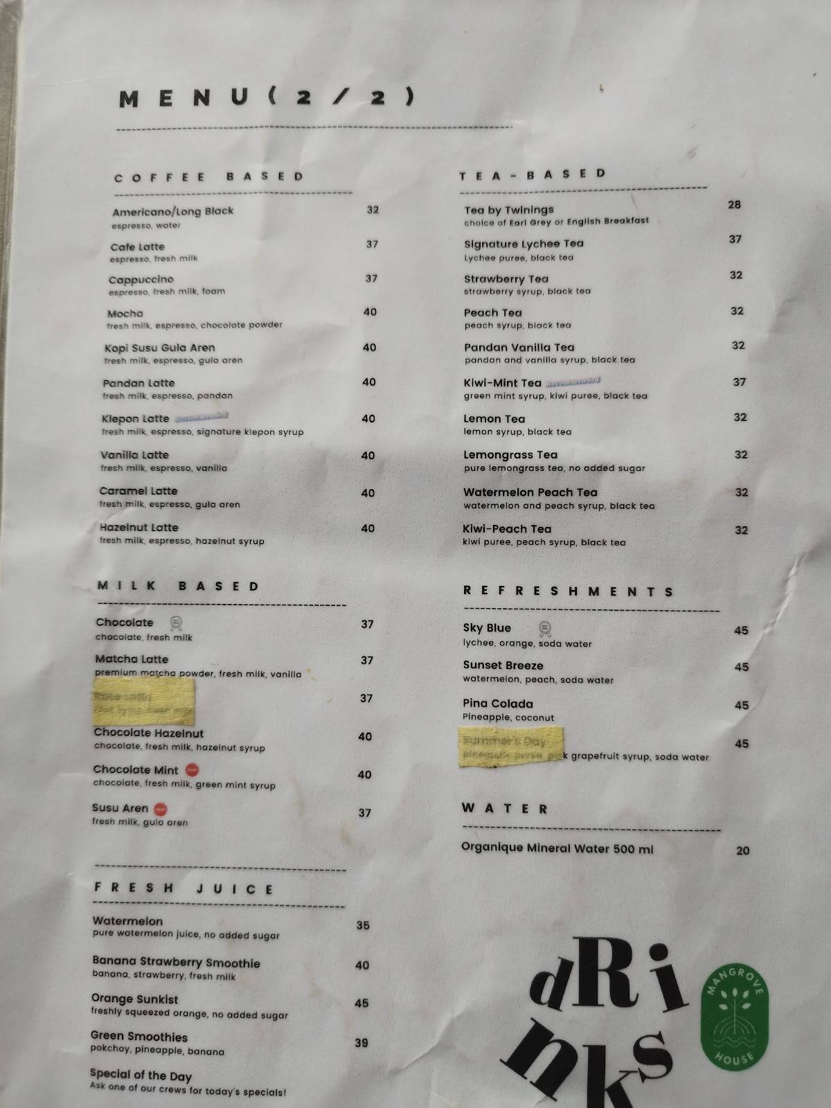 Menu at Mangrove House Cafe, North Jakarta