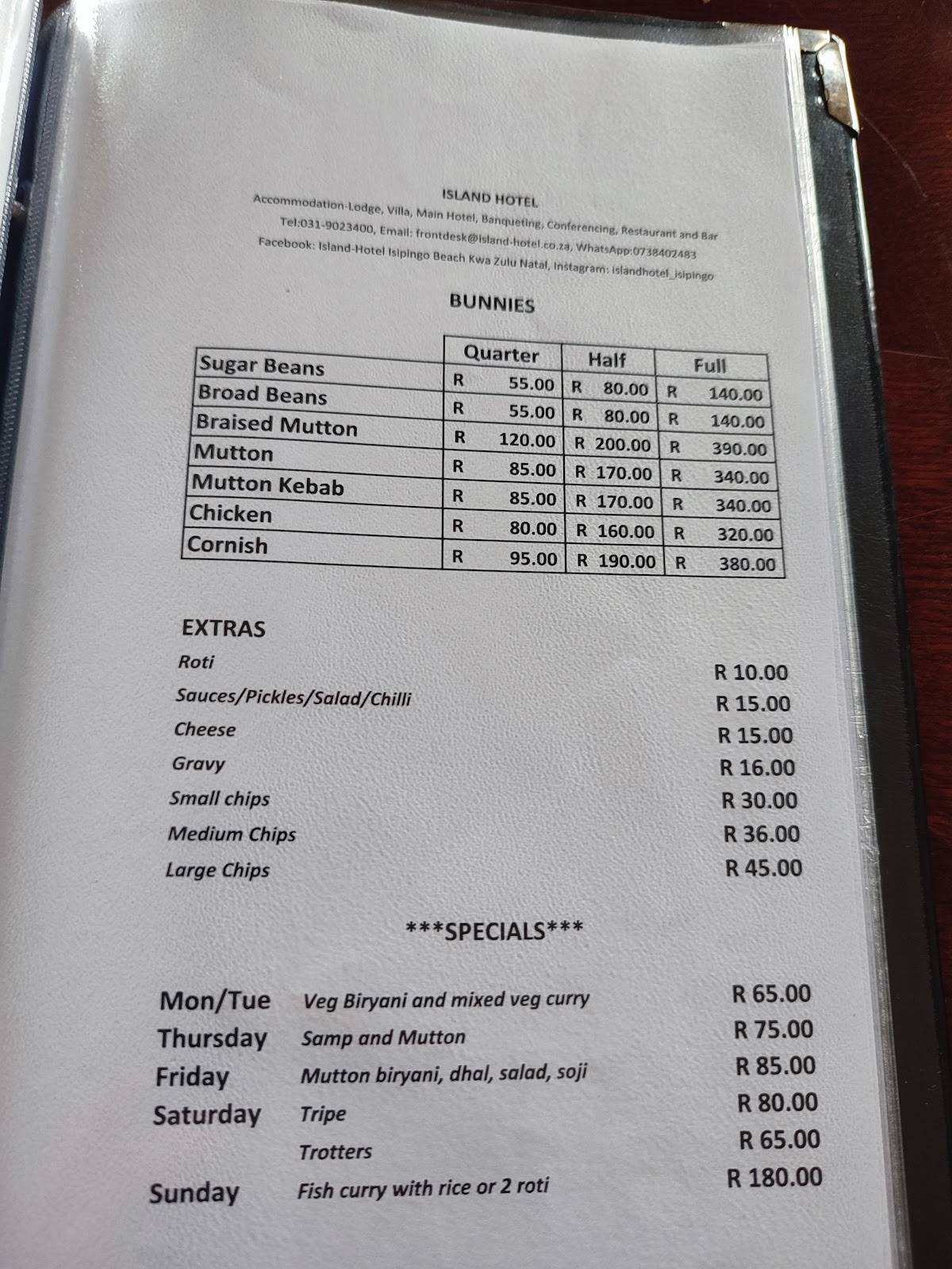 Menu au Mangrove Restaurant (Isipingo Hotel), Isipingo Beach