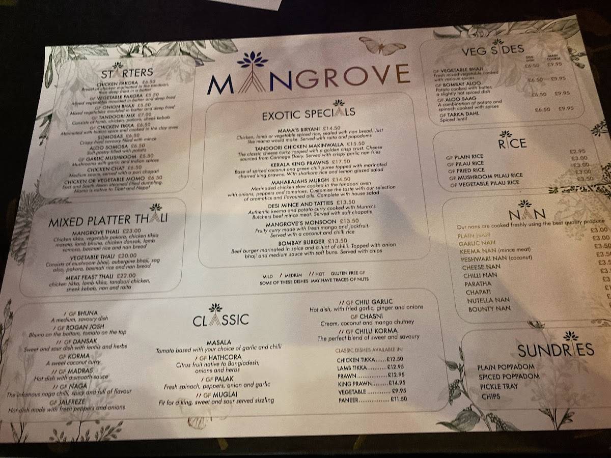 Menu at Mangrove restaurant, Inverness