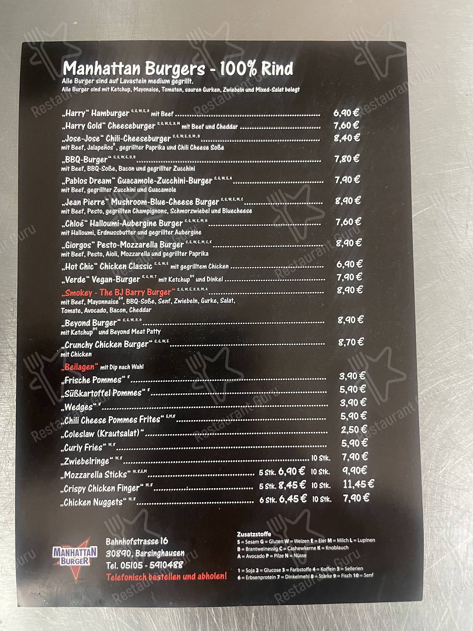 Speisekarte von Manhattan Burger Barsinghausen, Barsinghausen