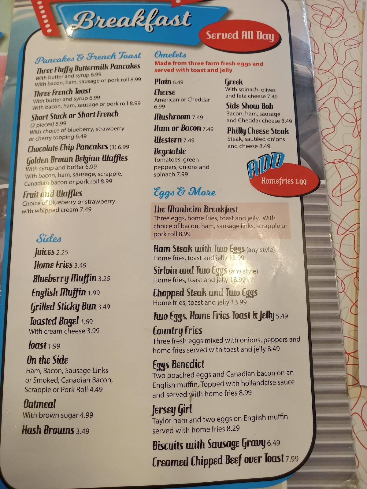 Menu at Manheim Diner restaurant, Schuylkill Haven, PA-61