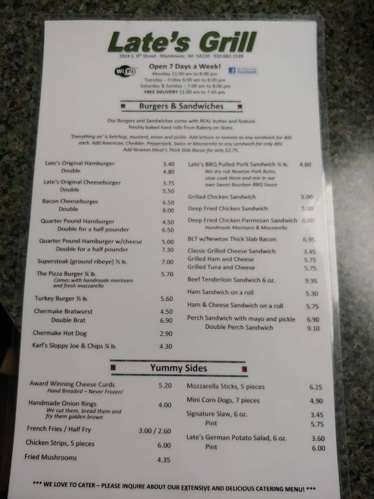 Menu at Late's restaurant, Manitowoc