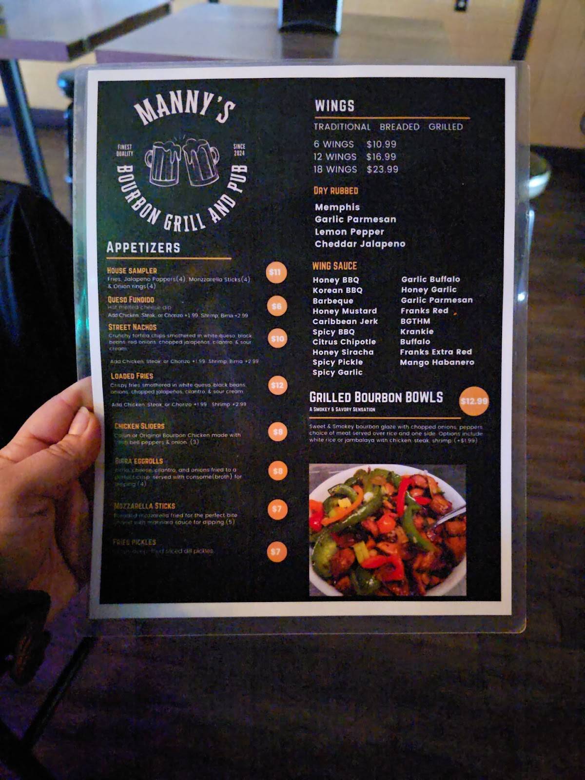 Menu at Manny's bourbon grill and pub, West Allis