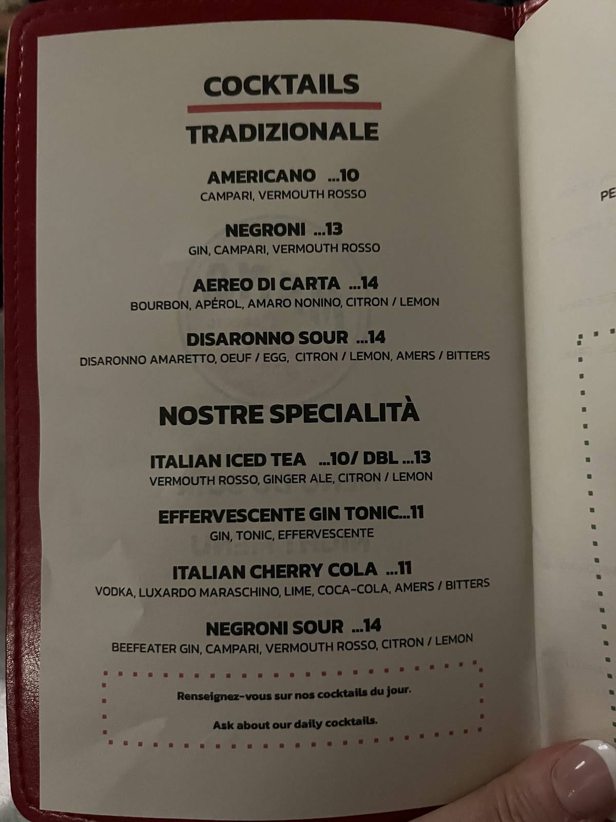 Menu au Mano Cornuto café, Montréal