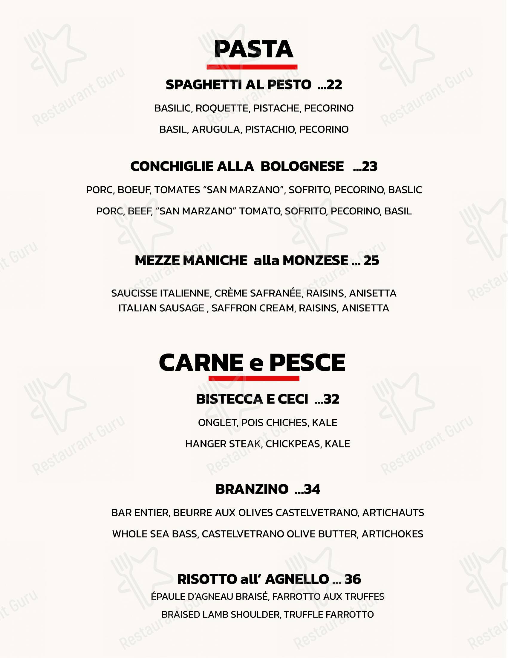Menu at Mano Cornuto cafe, Montréal