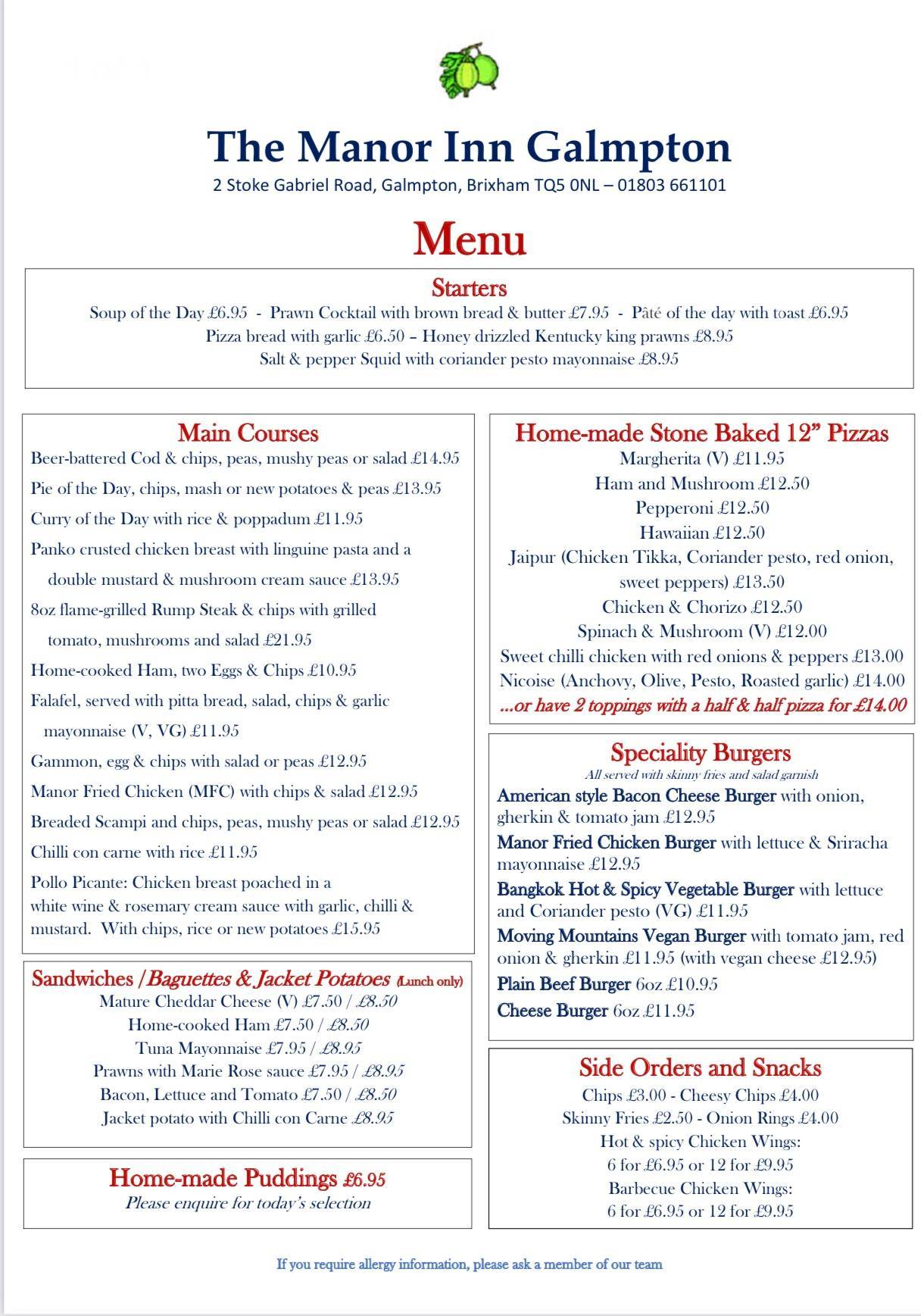 Menu at Manor Inn pub & bar, Brixham, 2 Stoke Gabriel Rd