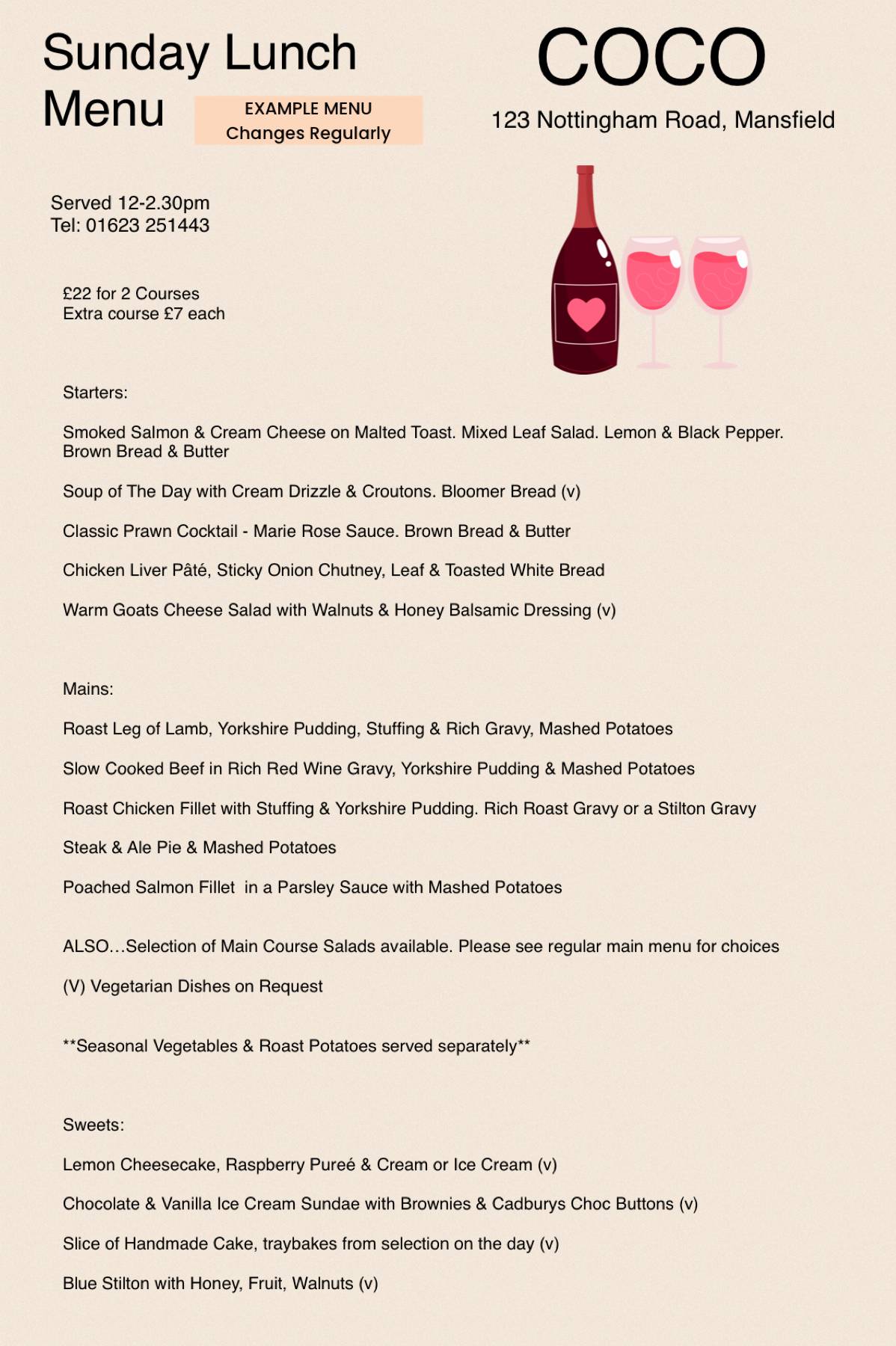 Menu at Coco cafe, Mansfield, 123 Nottingham Rd