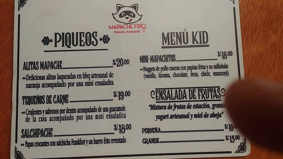 Carta del café Mapache Frío Helado Artesanal, Chiclayo, calle