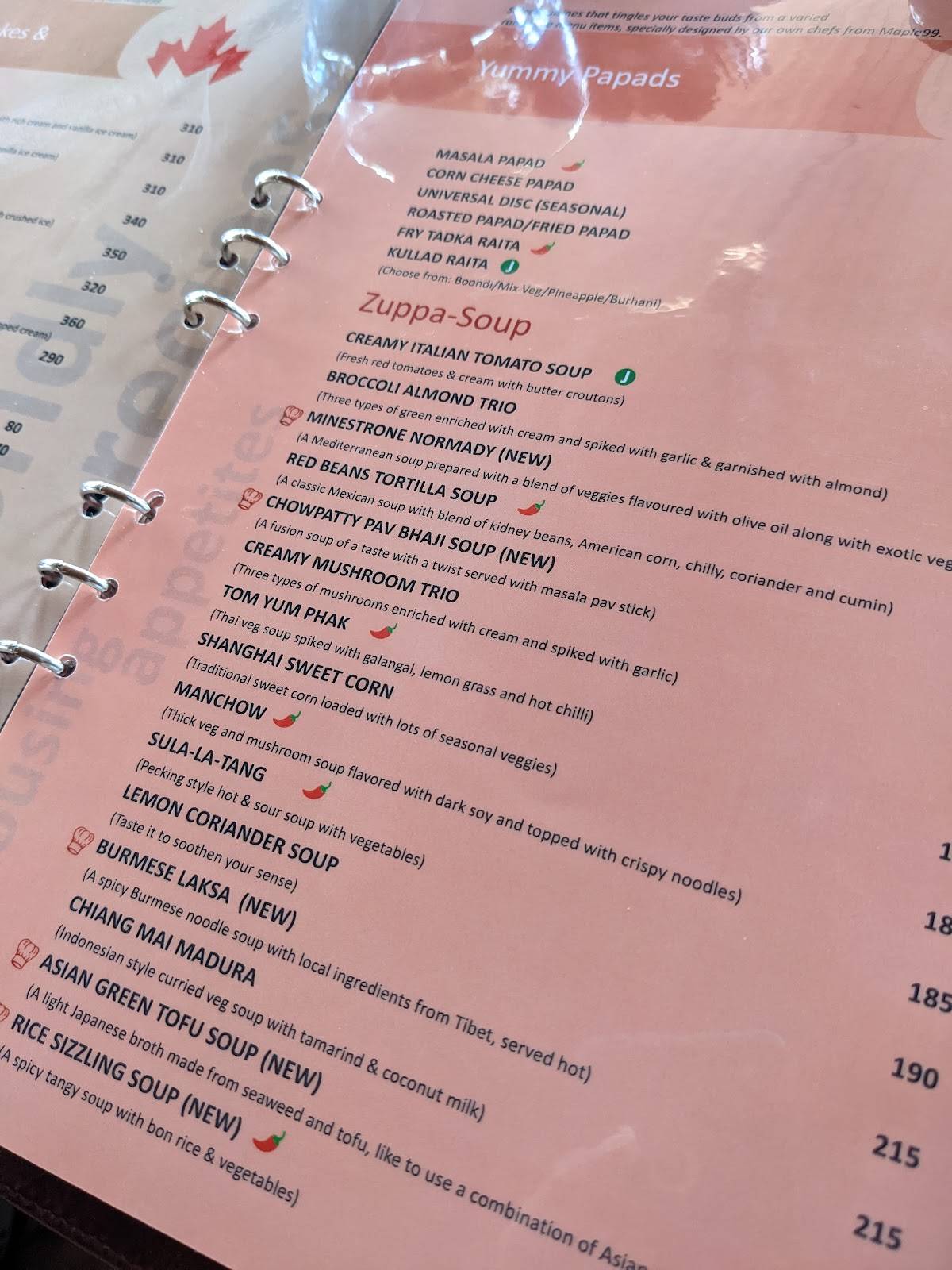 Menu at Maple 99, Ahmedabad, Sardar Patel Ring Rd