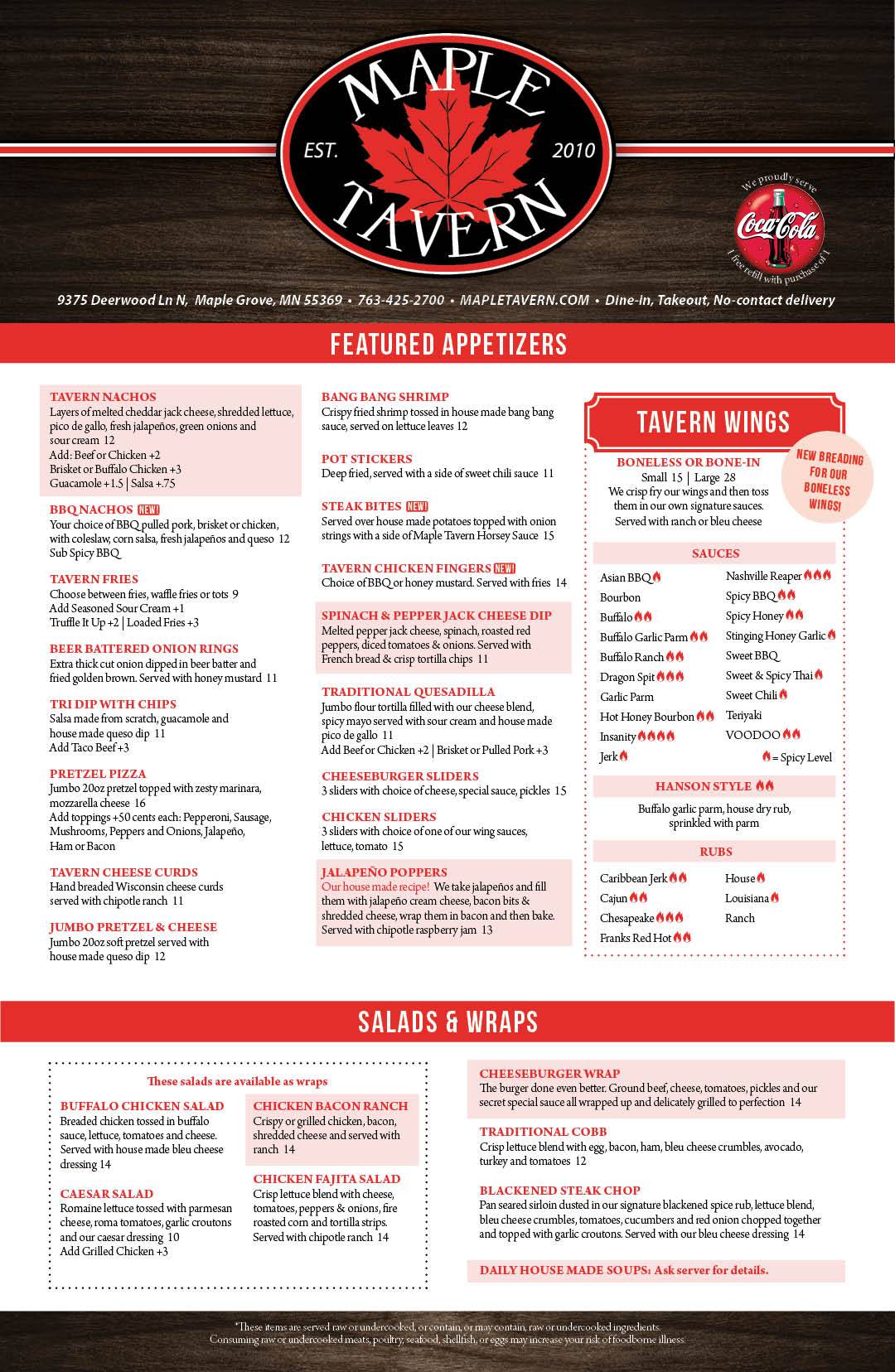 Menu at Maple Tavern pub & bar, Maple Grove