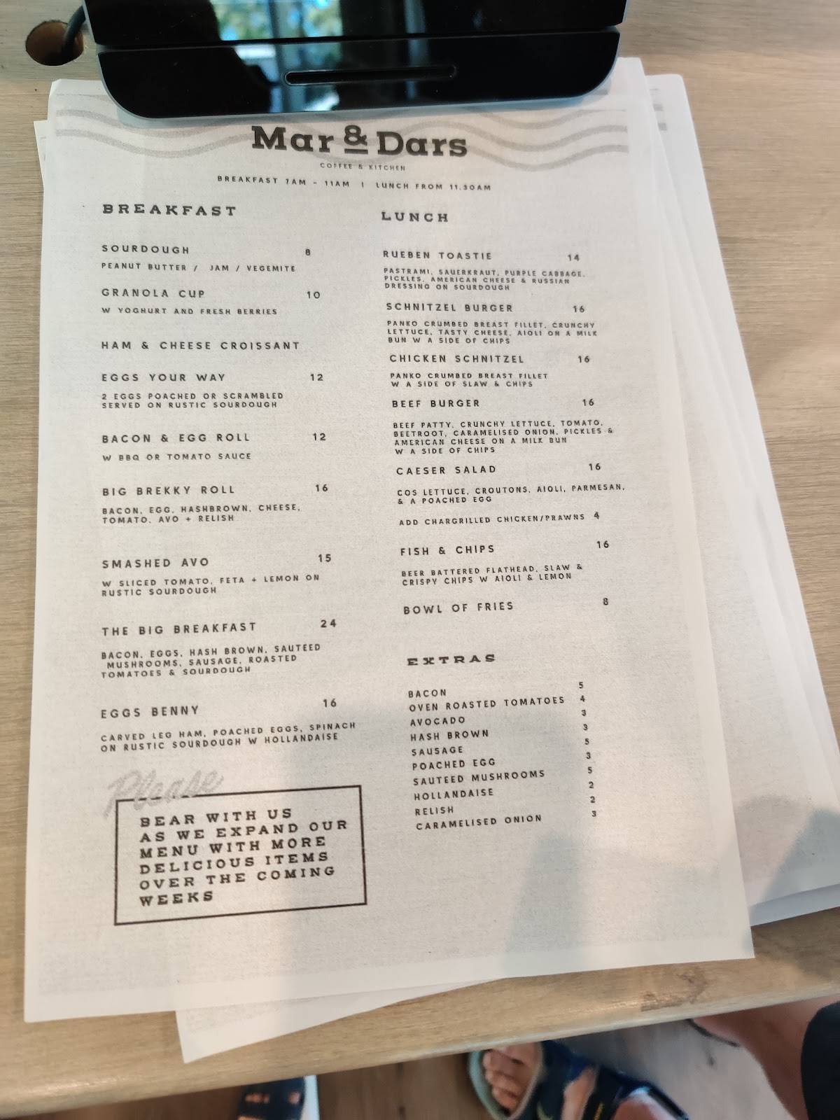 Menu at Mar & Dars, Lake Conjola