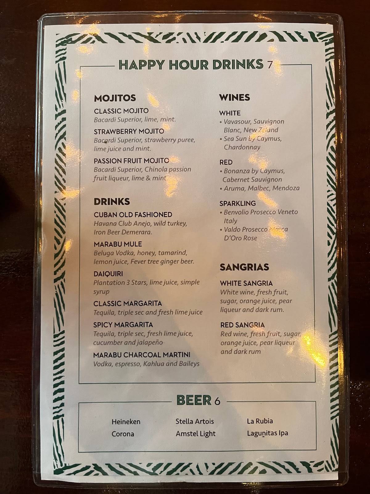 Carta de Marabu Restaurant, Miami