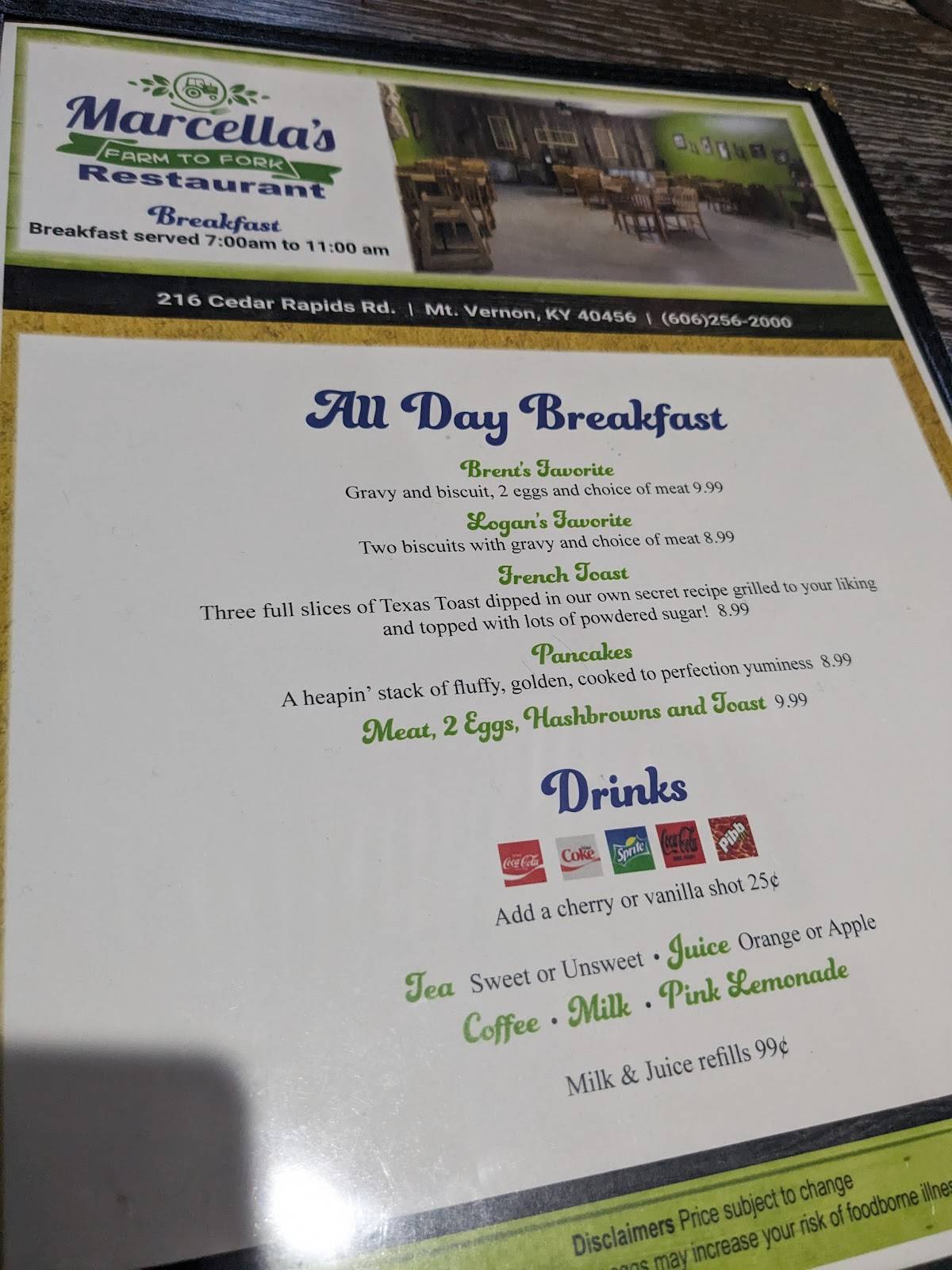 Menu at Marcella's Farm to Fork restaurant, Mount Vernon, 216 Cedar ...