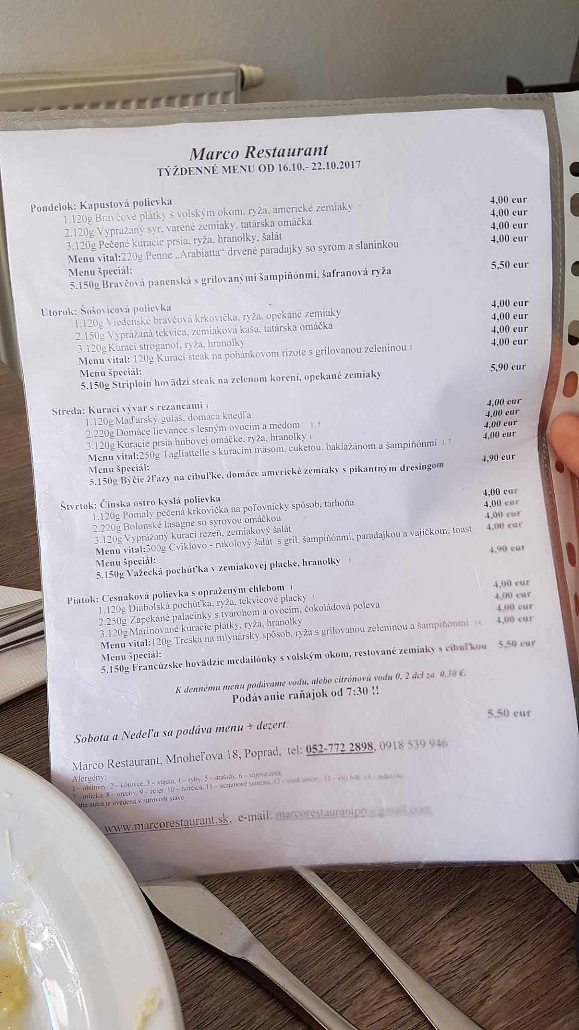Menu at Marco restaurant, Poprad