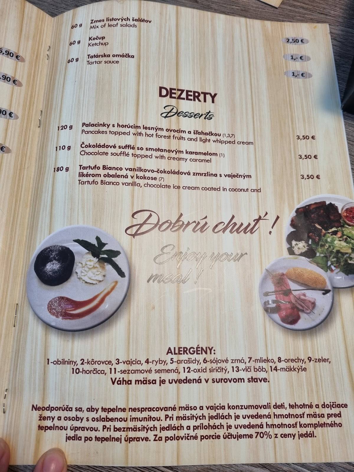 Menu at Marco restaurant, Poprad