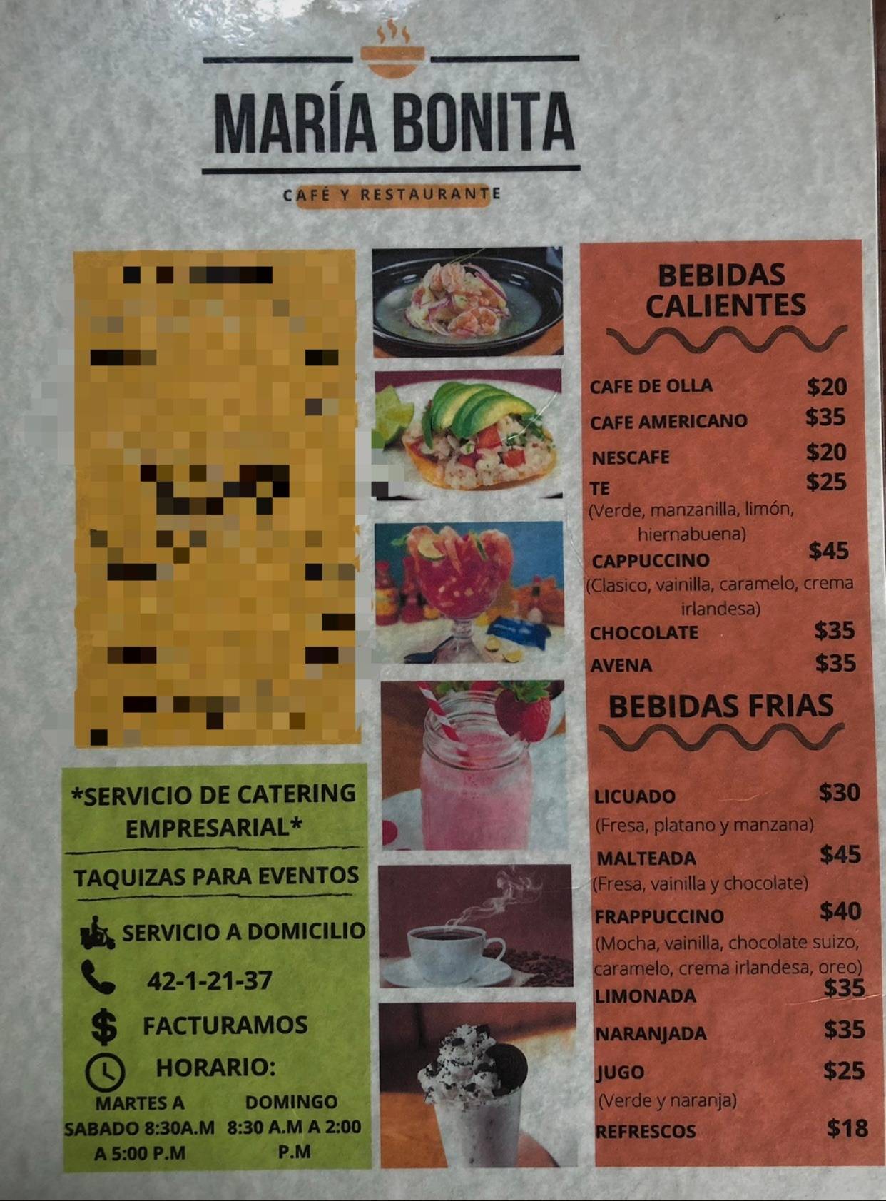 Carta de Maria Bonita Restaurante, Sayula