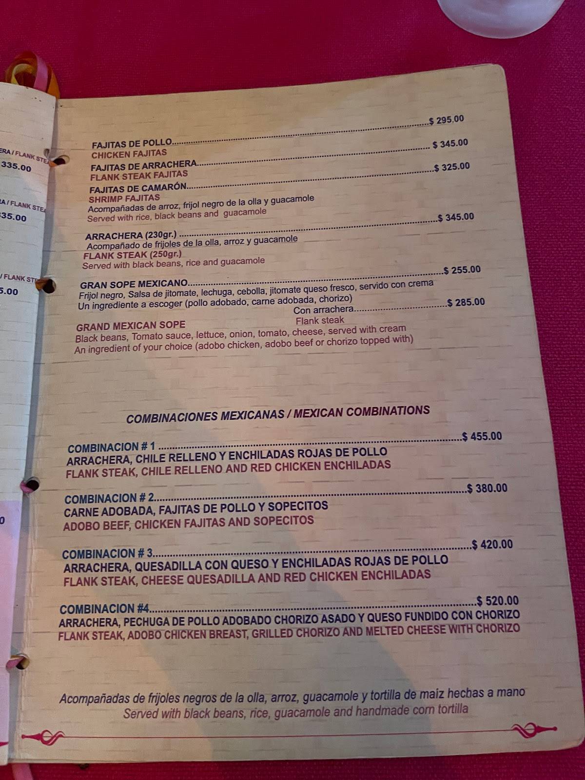 Menu at Maria Jimenez Restaurante Mexicano, Cabo San Lucas