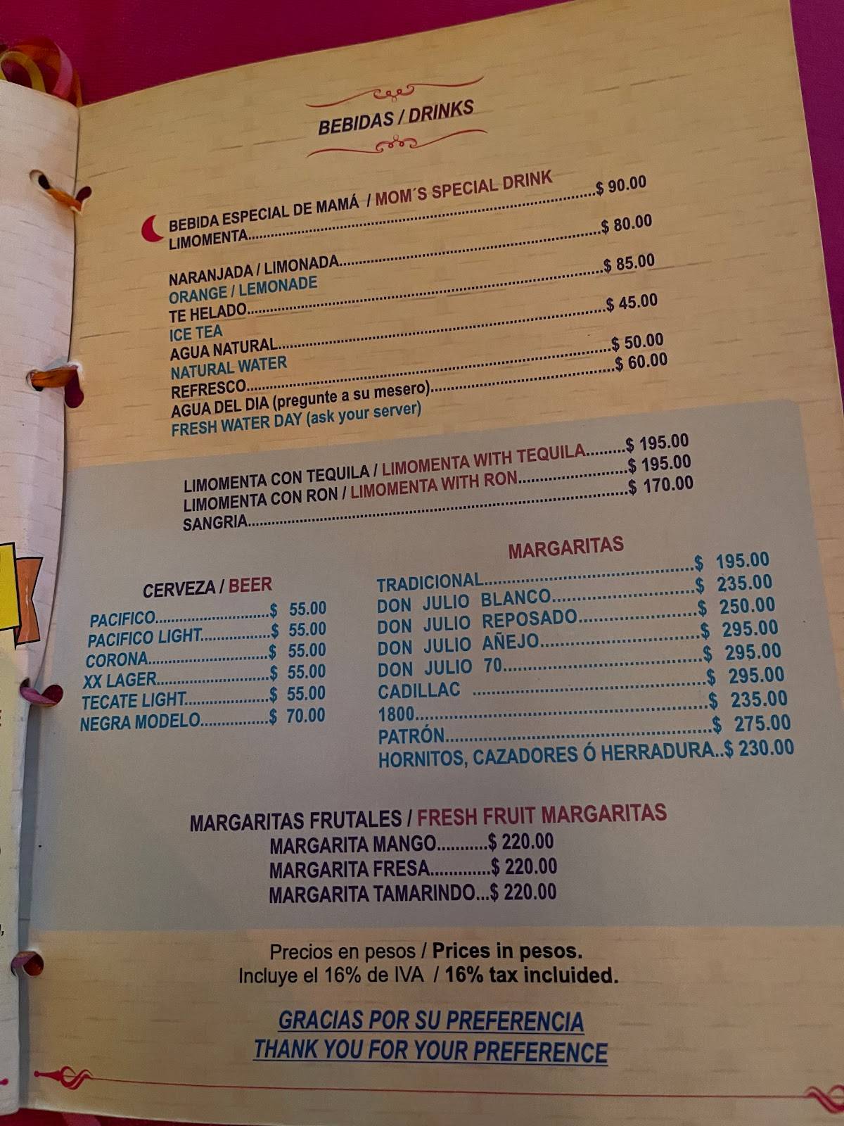 Menu at Maria Jimenez Restaurante Mexicano, Cabo San Lucas